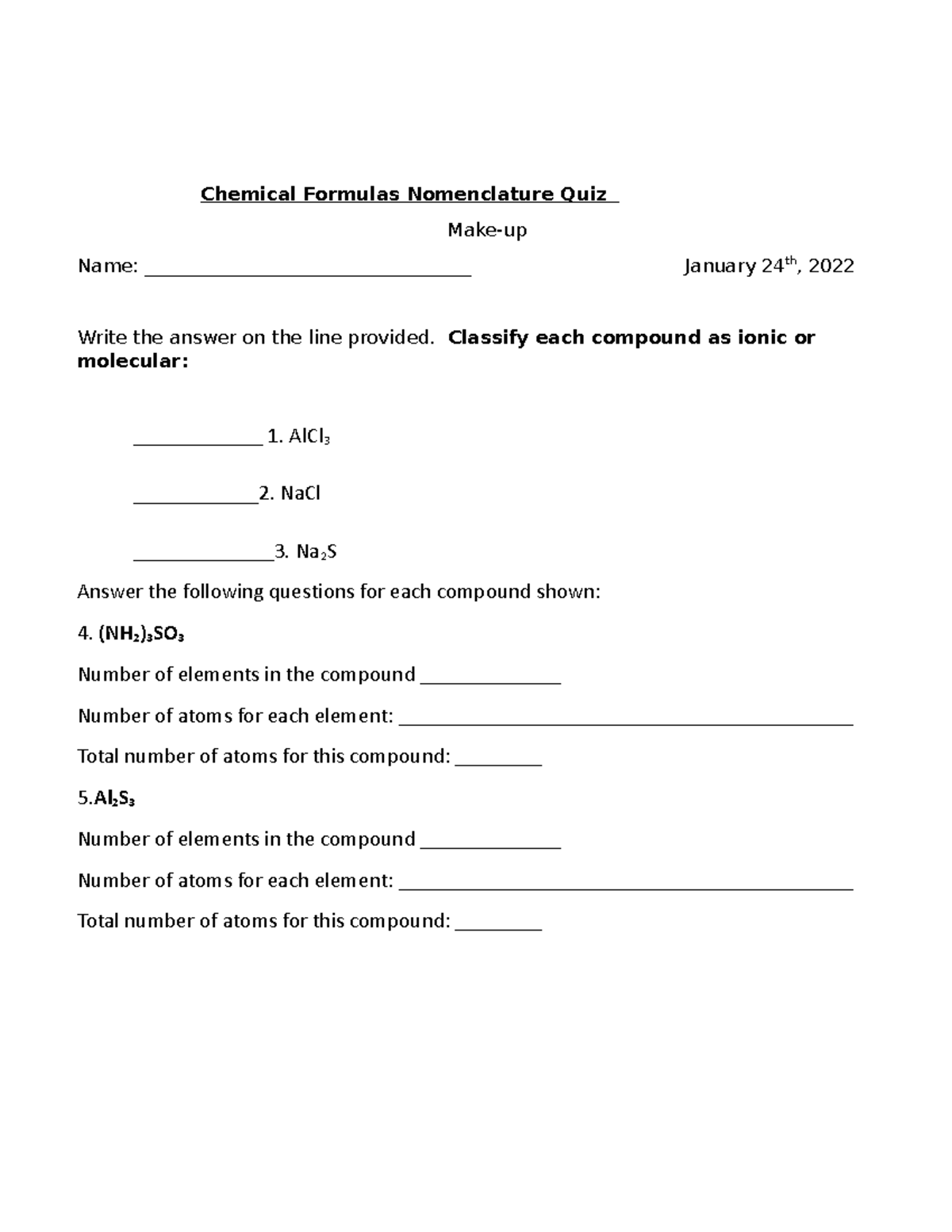 Chemical Formulas Nomenclature Quiz Make-UP - Chemical Formulas ...