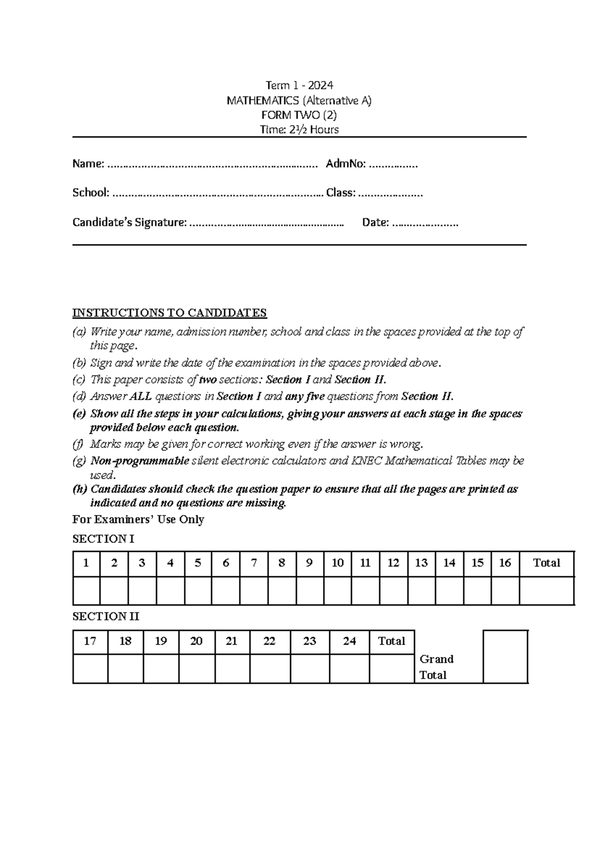 Form 2- Mathematics - Question Paper - Term 1 - 2024 MATHEMATICS ...