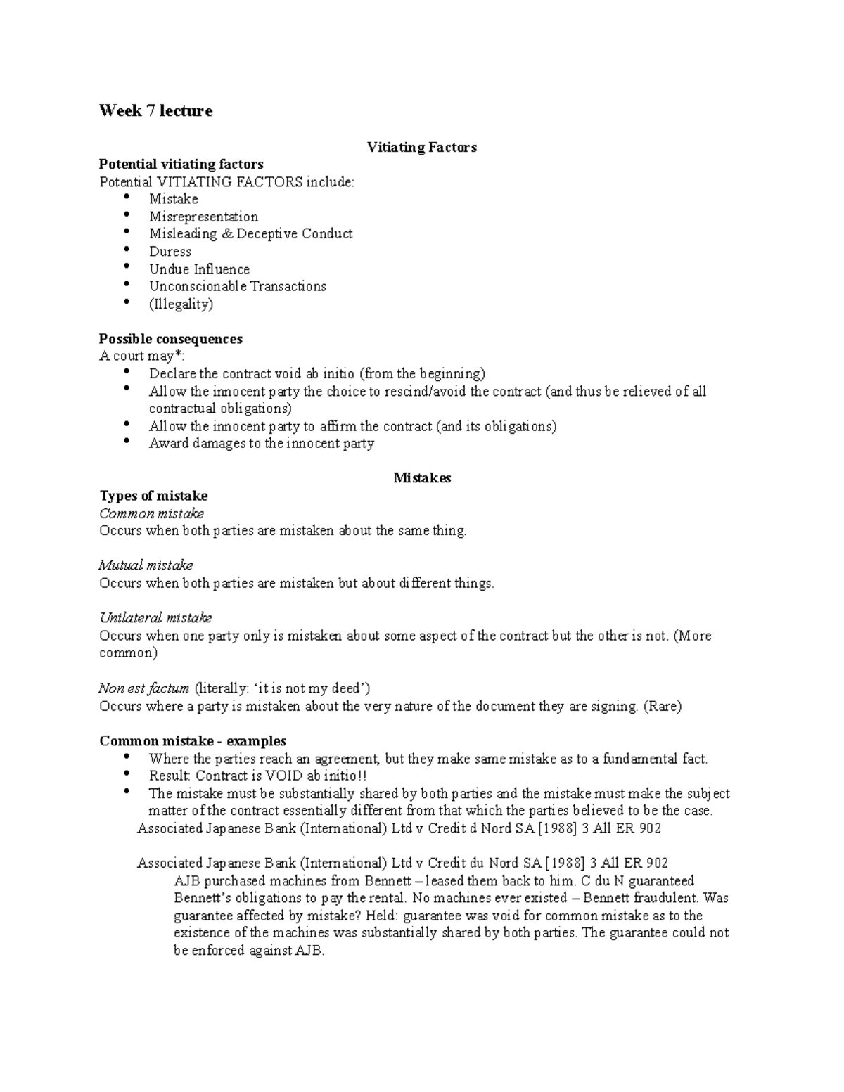 Lecture 7 notes - Week 7 lecture Vitiating Factors Potential vitiating ...
