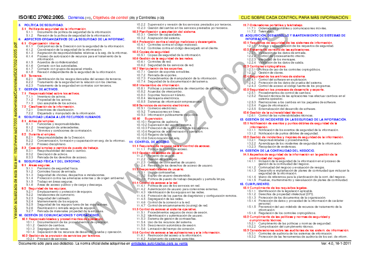 ISO-27002 - Controles - Espero os sirva - ISO/IEC 27002:2005. Dominios ...