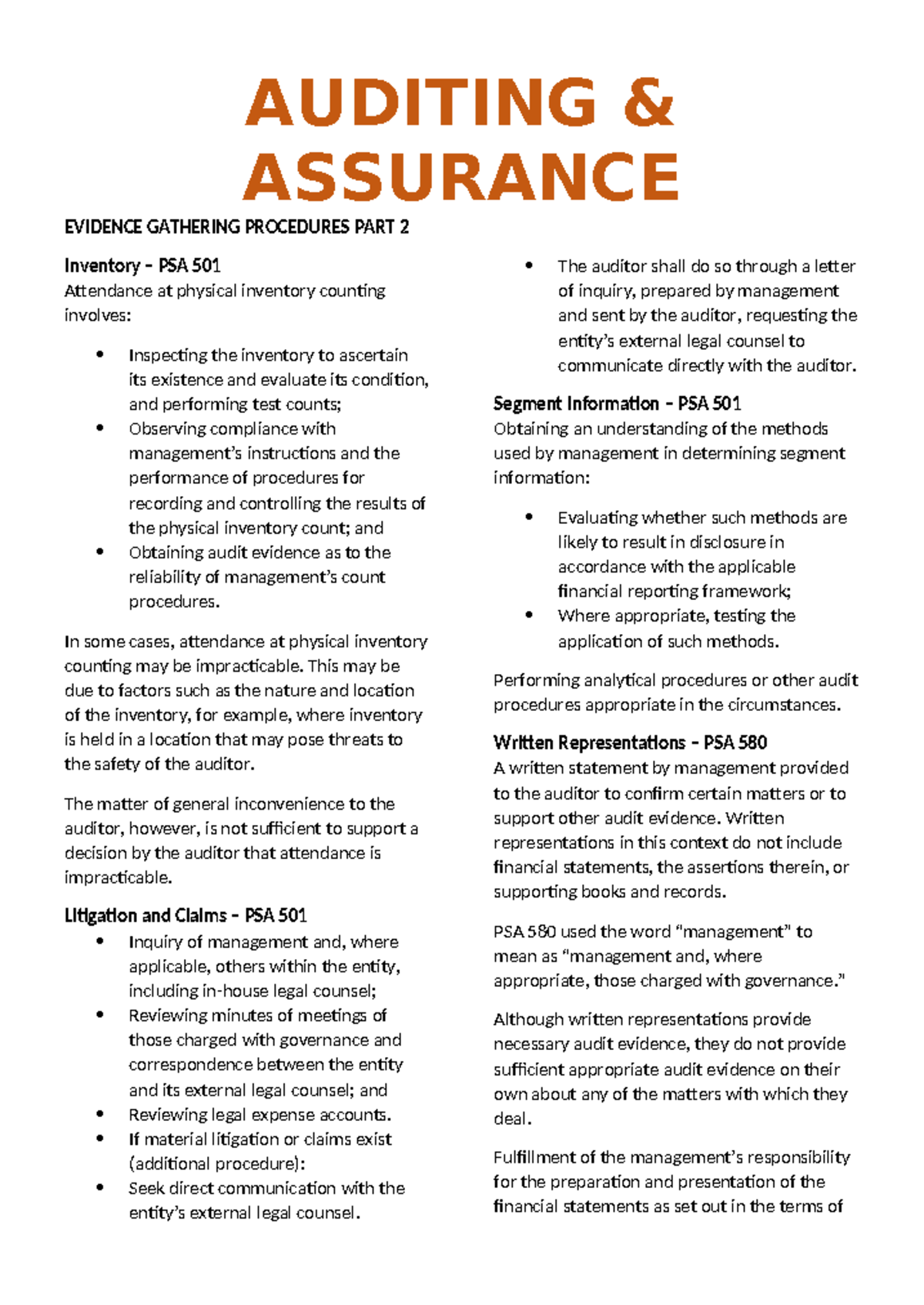 Auditing and principles - AUDITING & ASSURANCE EVIDENCE GATHERING ...