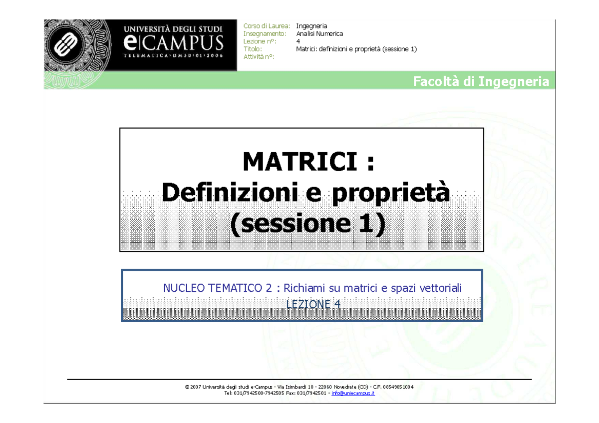 Ana Num 5KKKKKKKKKKK - Facoltà di Ingegneria Insegnamento: Lezione n°: Titolo: Attività n ...