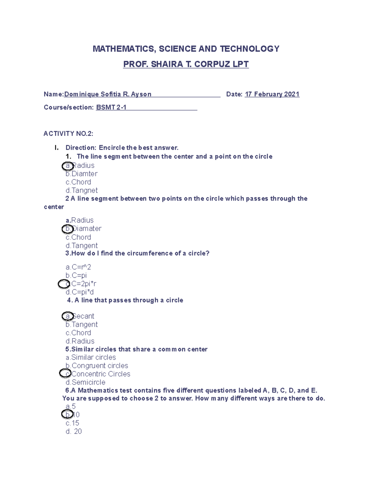Activity NO - Lecture notes 3-7 - MATHEMATICS, SCIENCE AND TECHNOLOGY ...