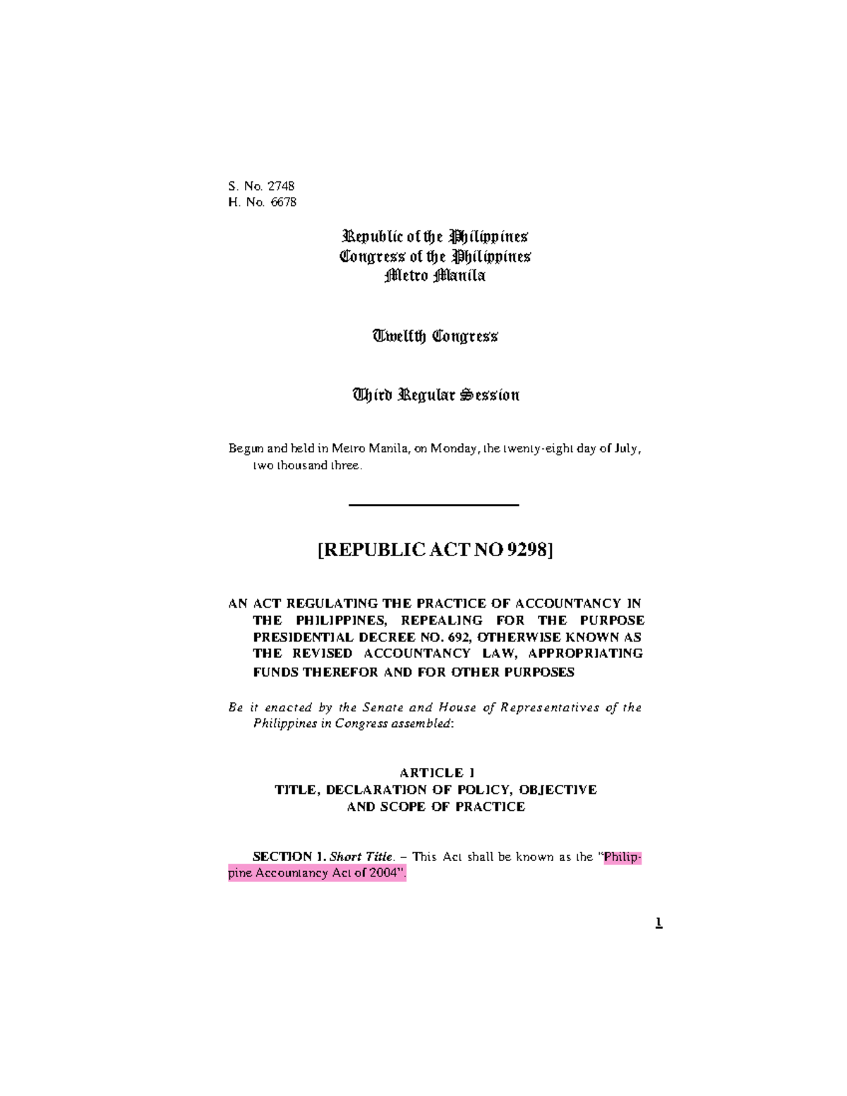 RA 9298 - Lecture notes 1 - S. No. 2748 H. No. 6678 Republic of the ...