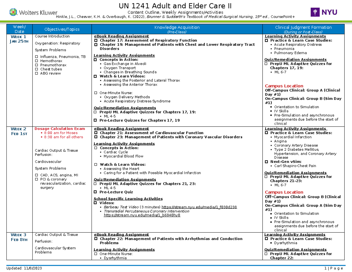 Topic Outline of Exams and Assignments - UN 1241 Adult and Elder Care ...