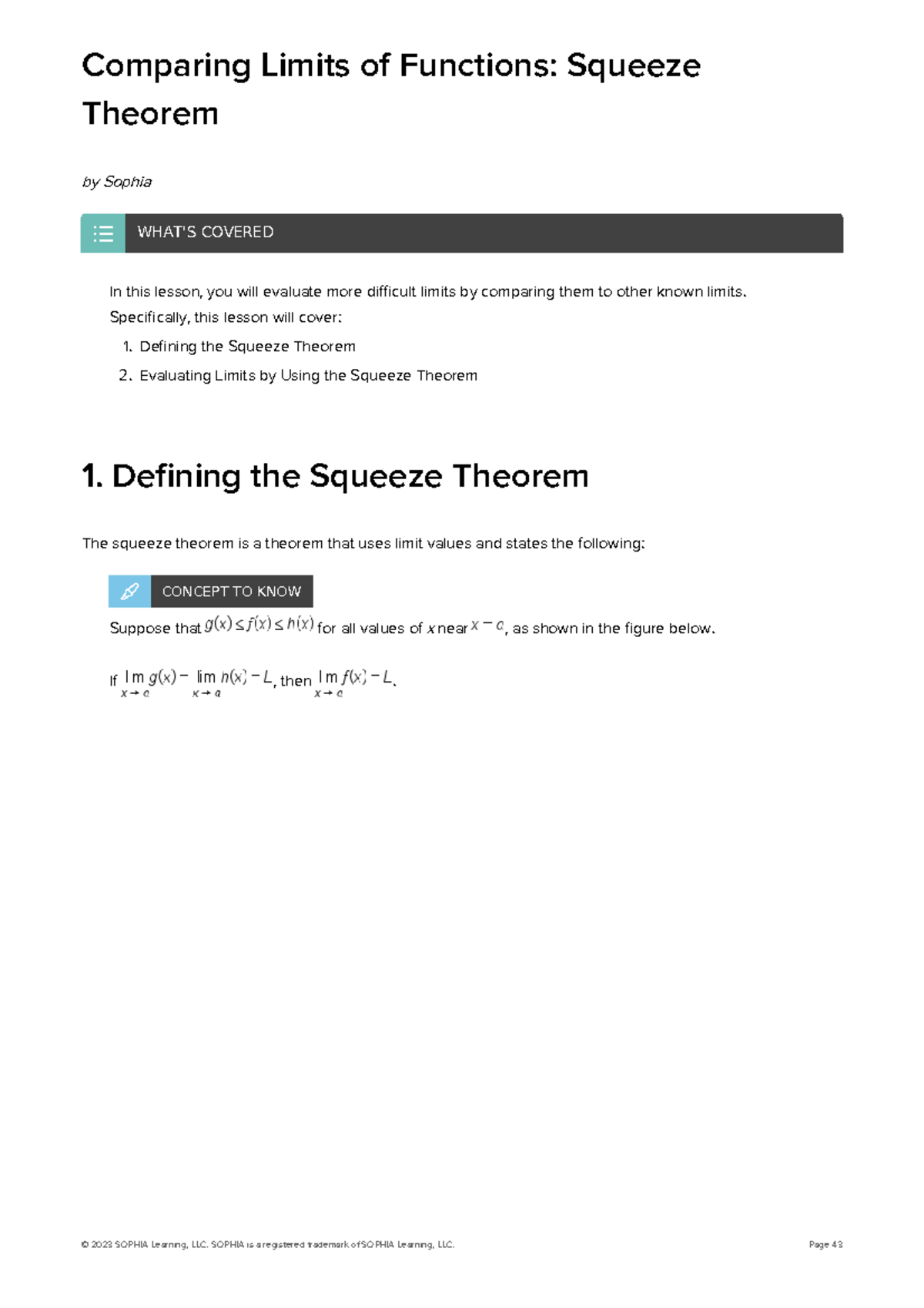 Calculus Unit 2 Tutorials Pdf3 Comparing Limits Of Functions Squeeze Theorem By Sophia In