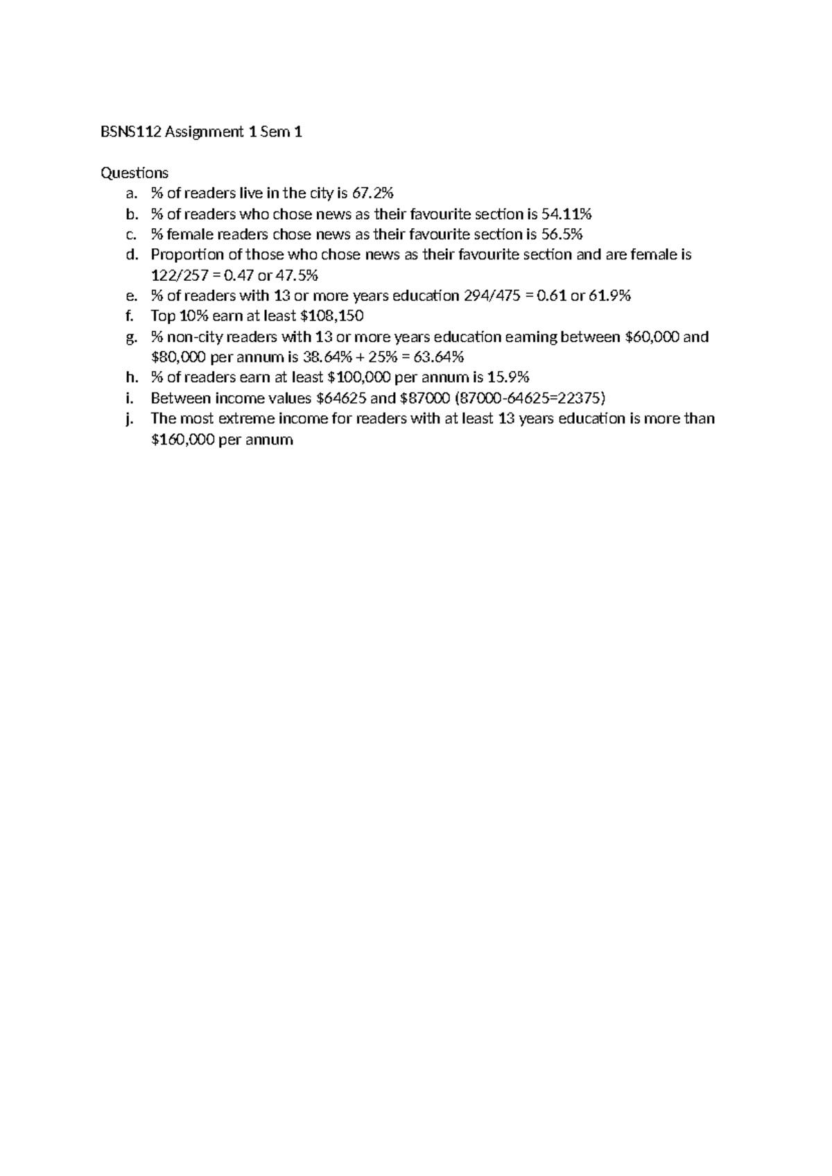 BSNS112 Assignment 1 Sem 1 - BSNS112 Assignment 1 Sem 1 Questions a. % of readers live in the ...