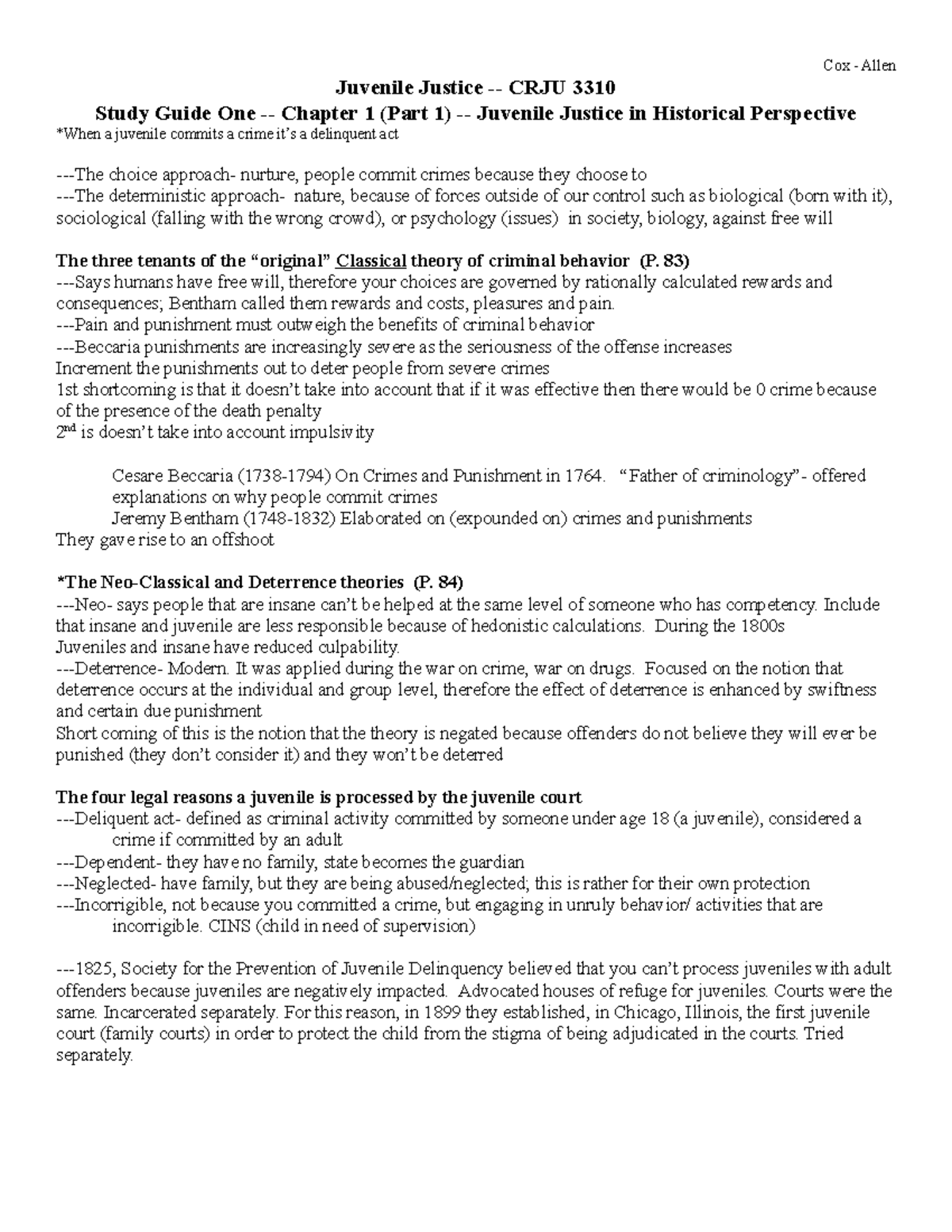 1 Study guide - Ch1 P1 - Juv - Cox - Allen Juvenile Justice - CRJU 3310 ...
