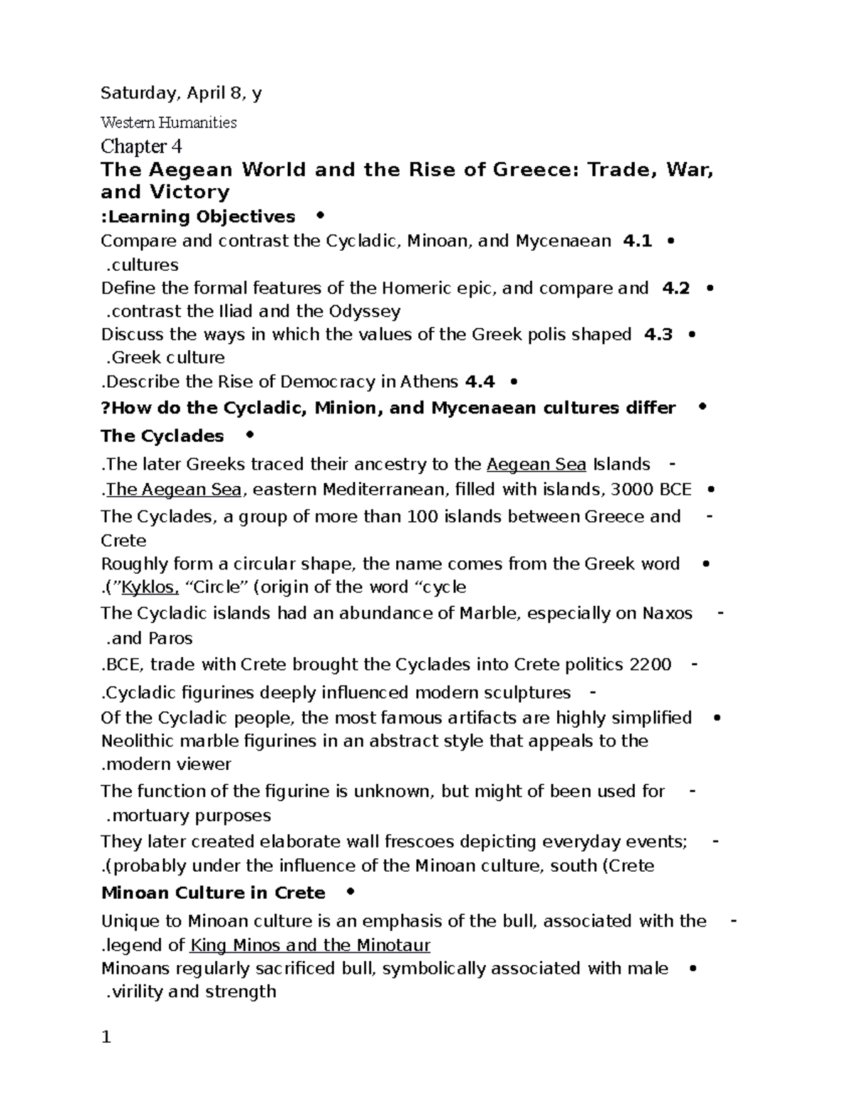 HUMchapter 4-notes - Chapter 4 textbook notes; The Agean World and the ...