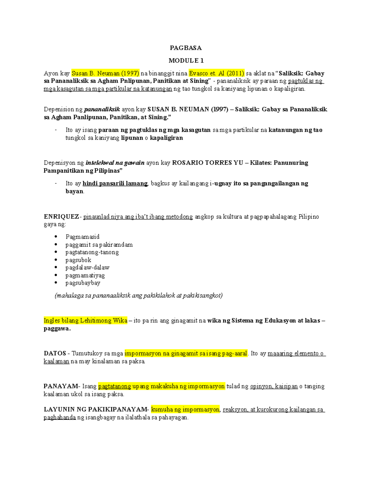 Filipino Literature - PAGBASA MODULE 1 Ayon kay Susan B. Neuman (1997 ...