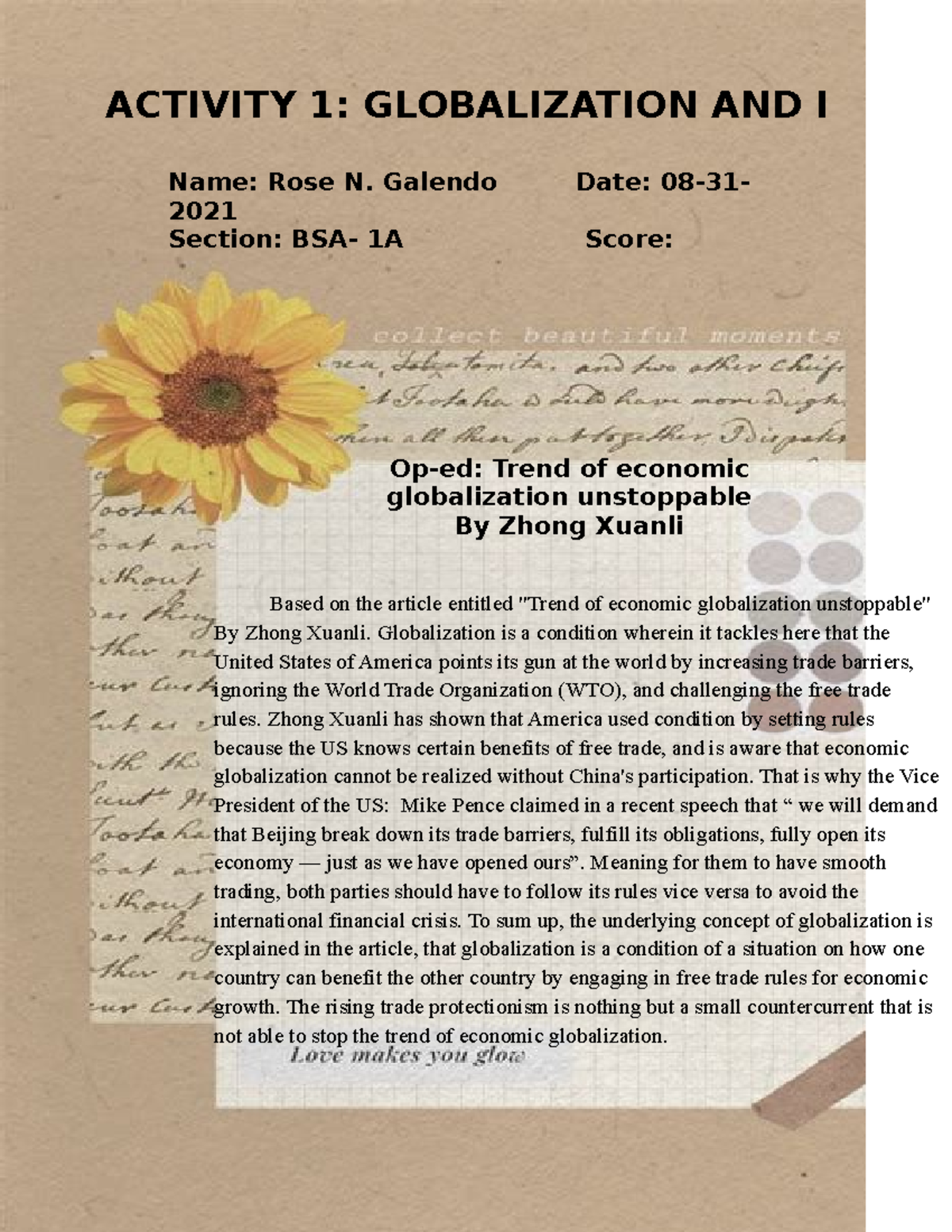 Activity 1 ( Contemp) - for educational purposes - ACTIVITY 1: GLOBALIZATION AND I Name: Rose N ...