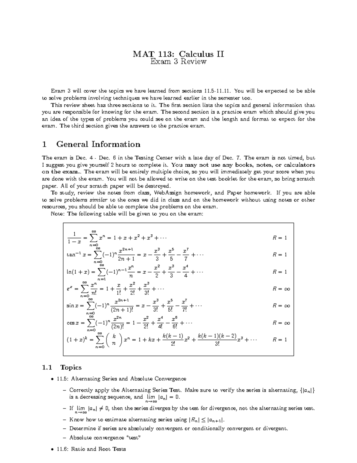 Math113Exam3Review - Exam review - MAT 113: Calculus II Exam 3 Review Exam 3 will cover the ...