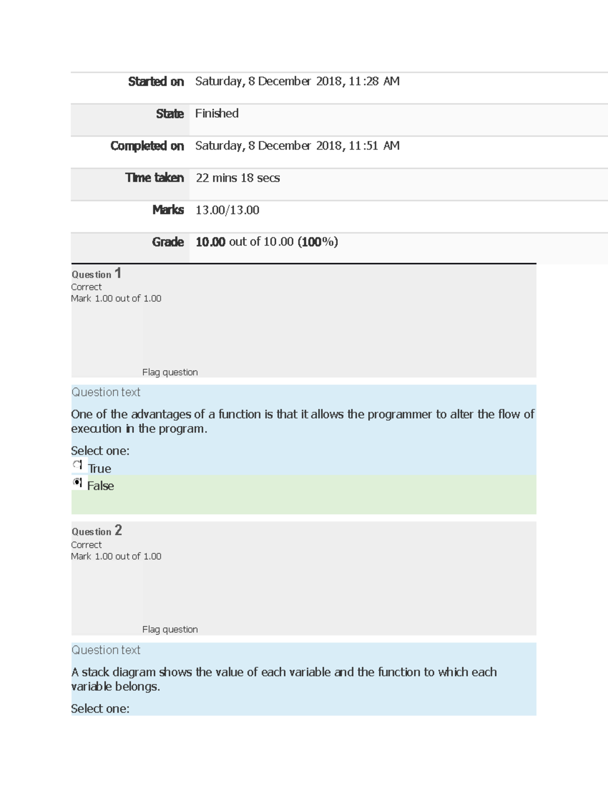 Self Quiz UNIT 4 CS1101 - Started on Saturday, 8 December 2018, 11:28 AM State Finished ...