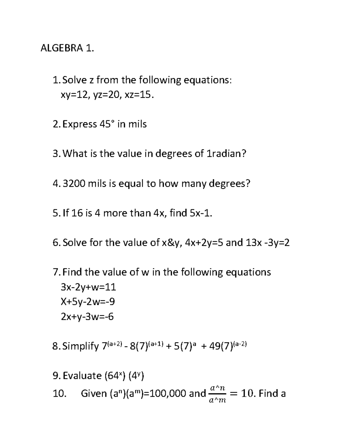 Algebra-Day-1 - for review - ALGEBRA 1. 1. Solve z from the following ...