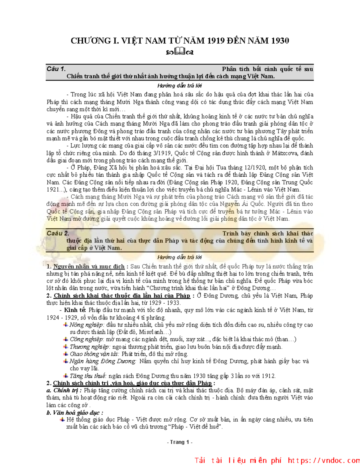 70 cau hoi on tap lich su - 70 cau hoi on tap lich su - Trang 1 CHƯƠNG I. VI)T NAM T, NĂM 1919 ...