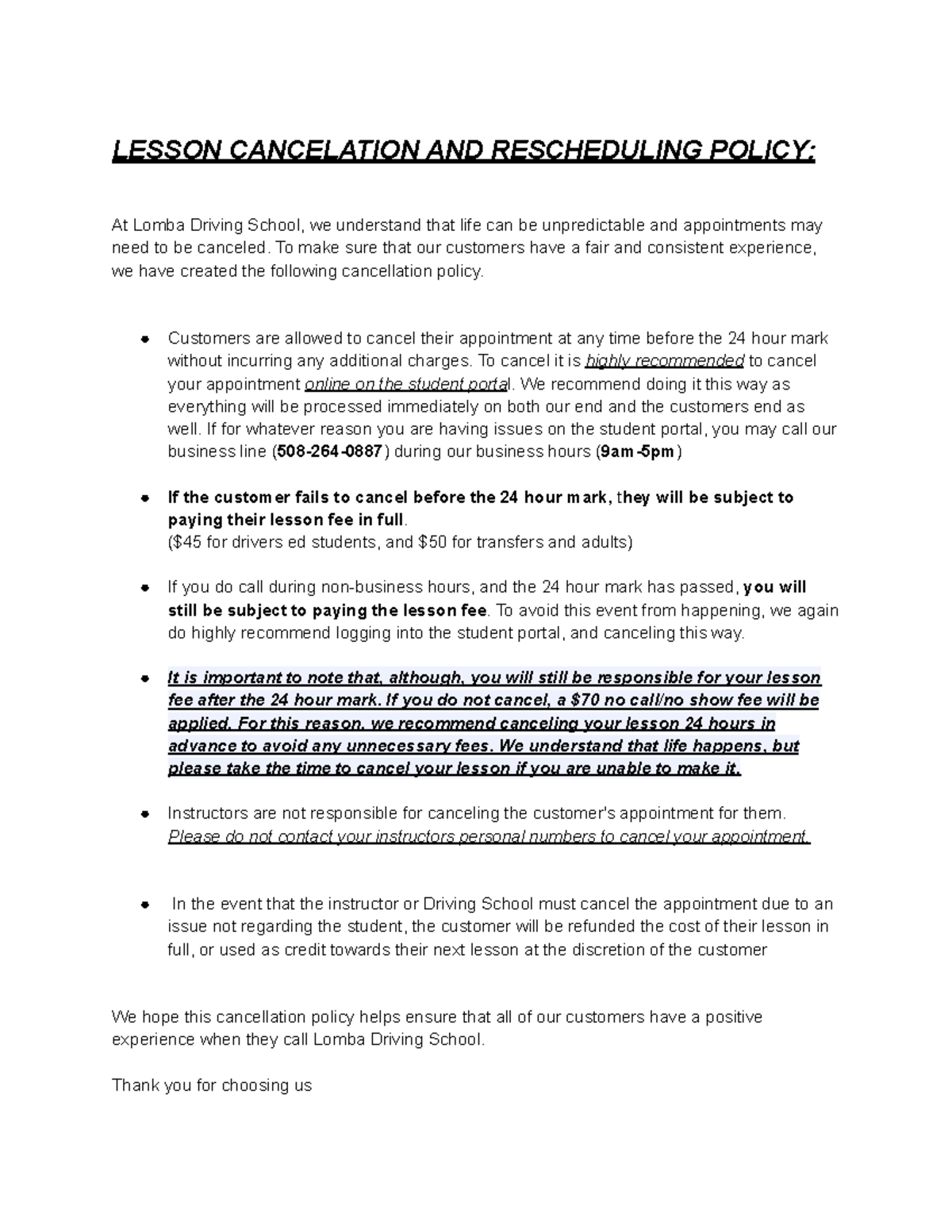 Contract - I would like to learn more - LESSON CANCELATION AND ...