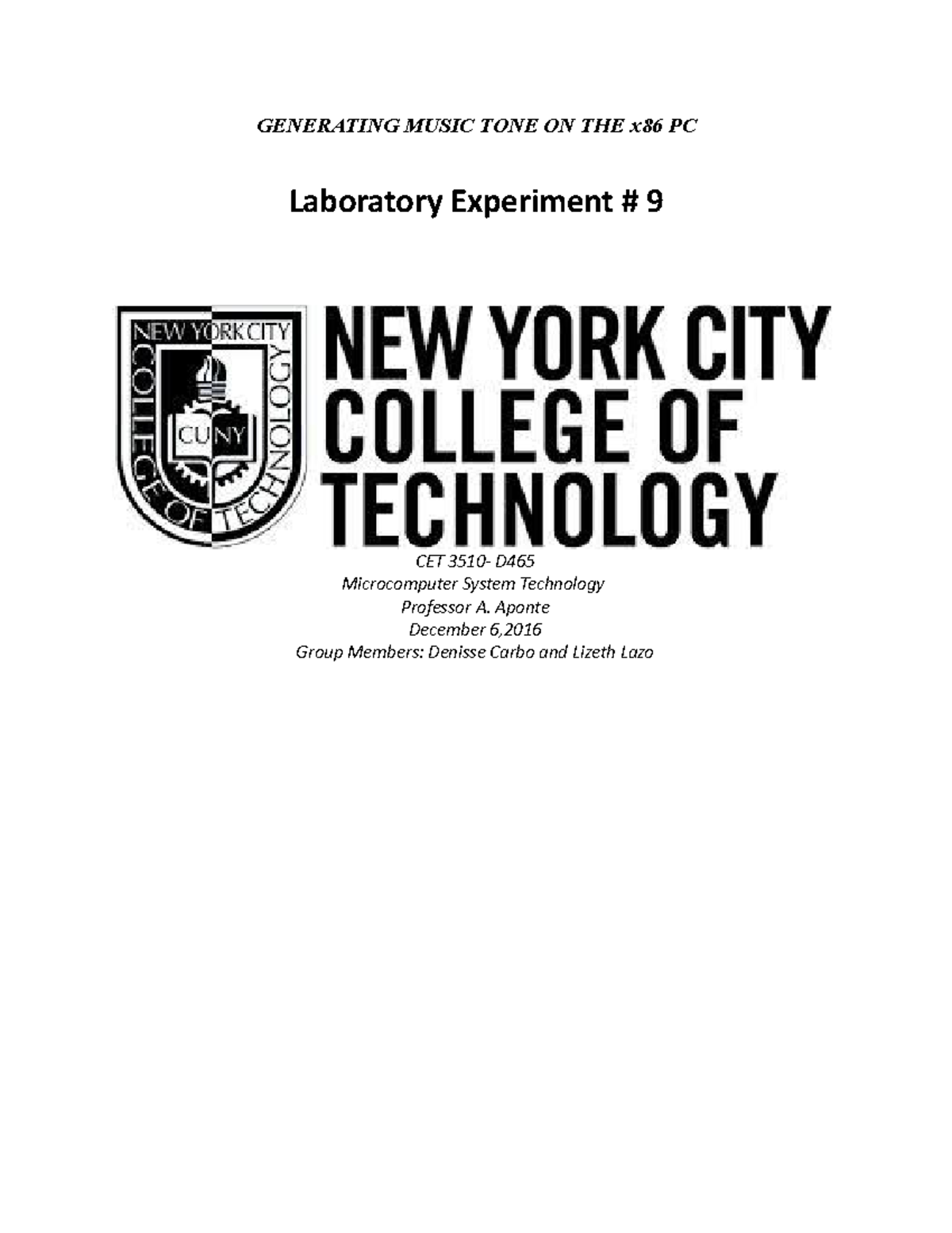 3510 Lab 9 2016 Generating Music Tone On The X86 Pc Laboratory Experiment 9 Cet 3510 D465