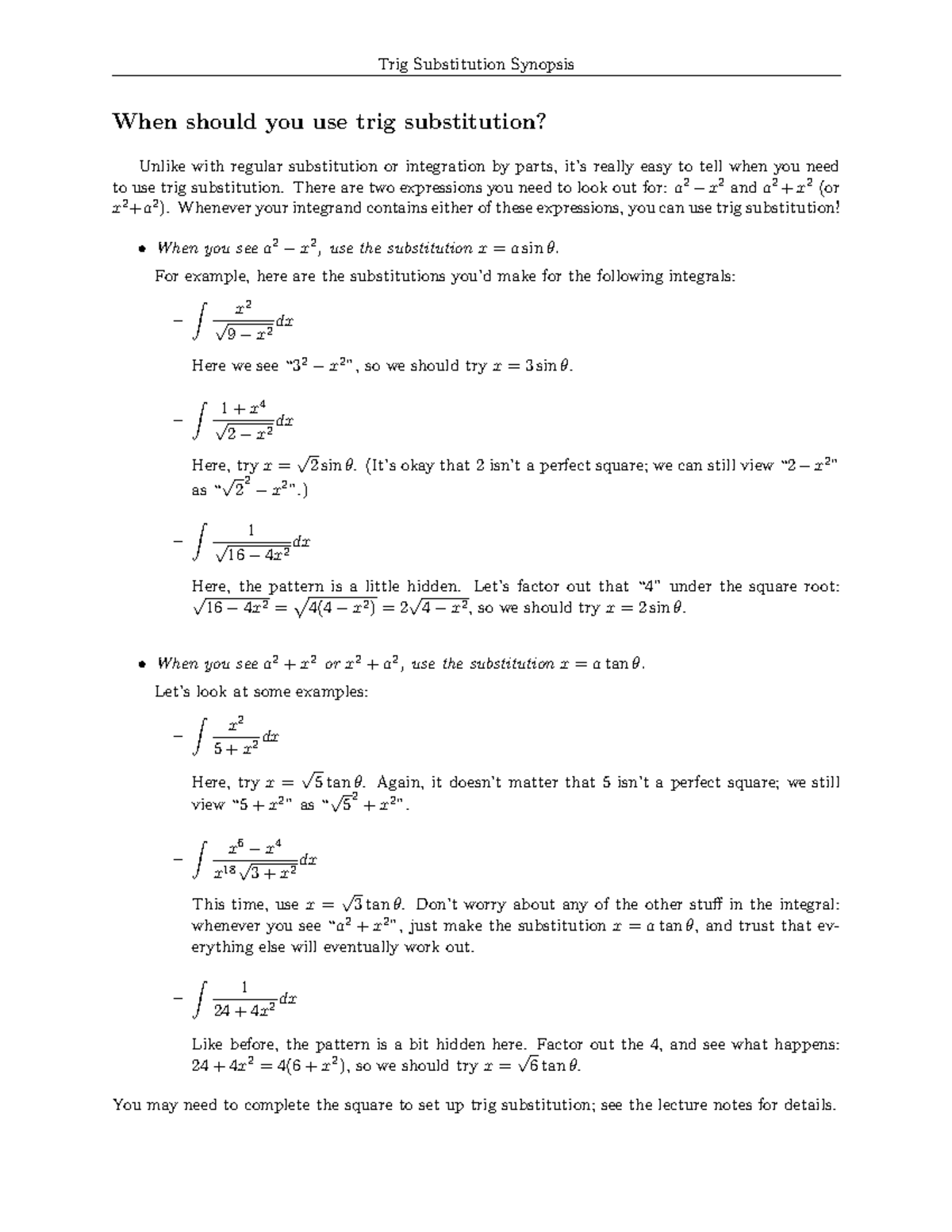 Trig substitution overview - Trig Substitution Synopsis When should you ...