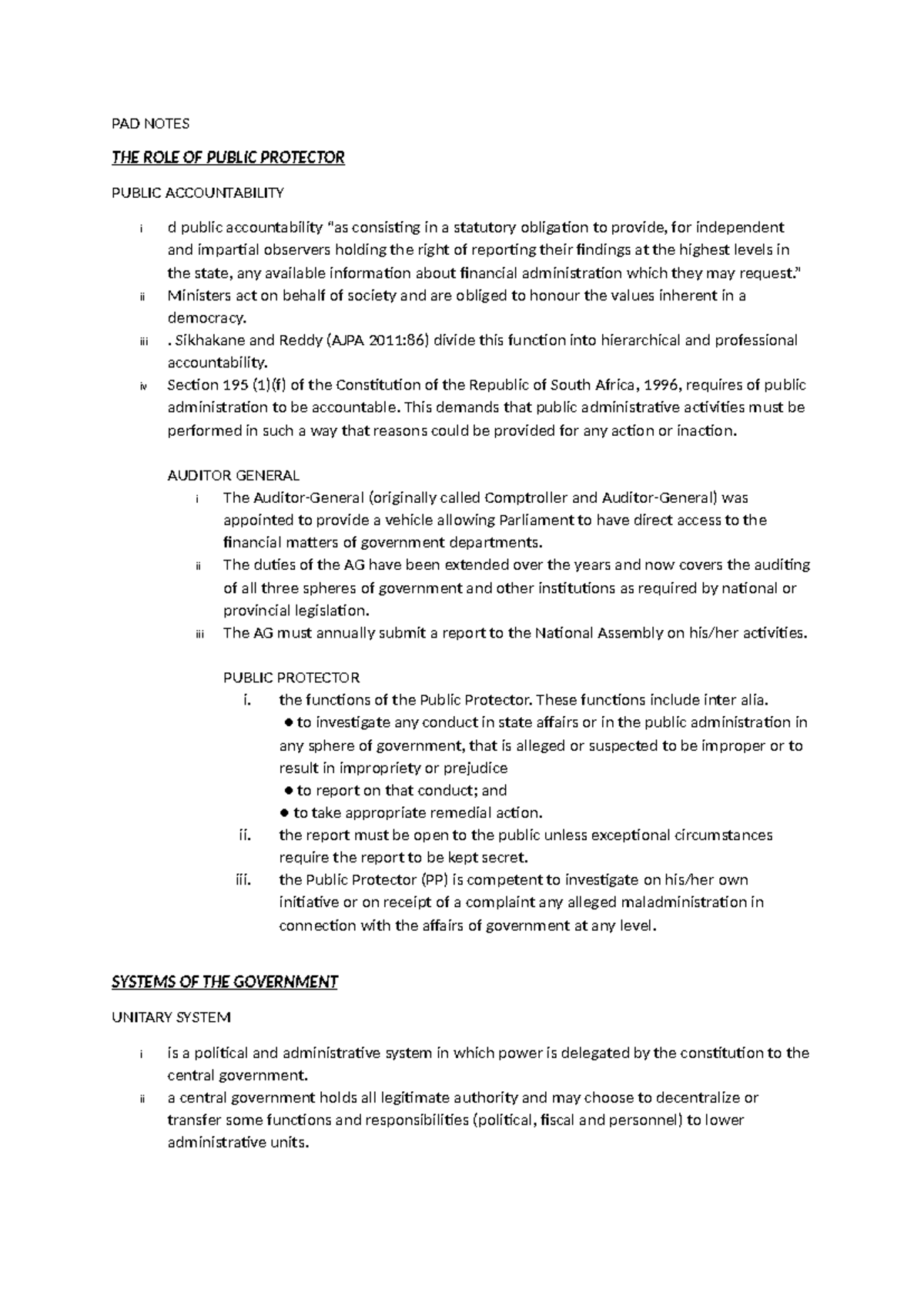 PAD 112 Notes - PAD 112 - PAD NOTES THE ROLE OF PUBLIC PROTECTOR PUBLIC ...