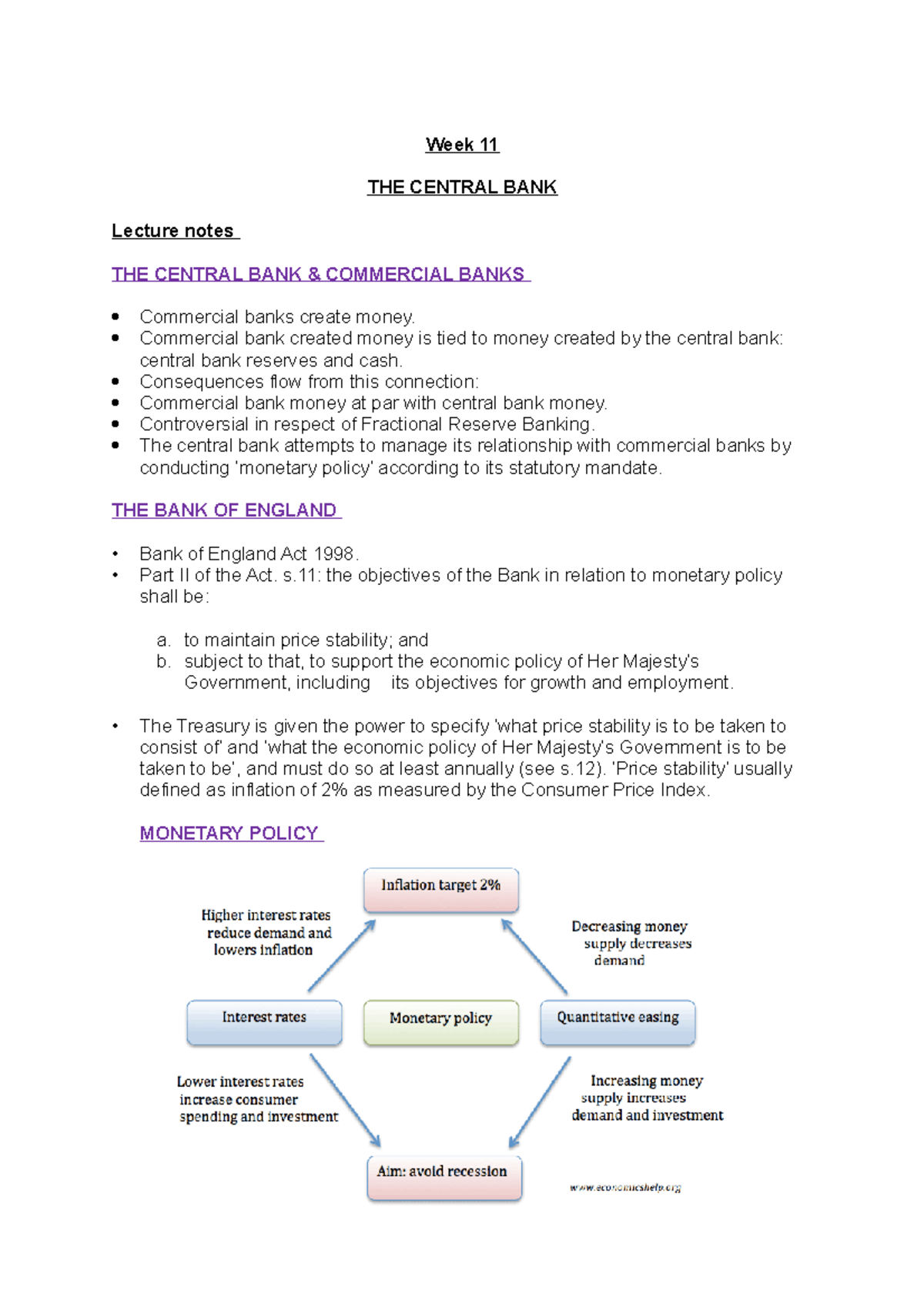 Week 11 Seminar 2 - Week 11 THE CENTRAL BANK Lecture notes THE CENTRAL ...