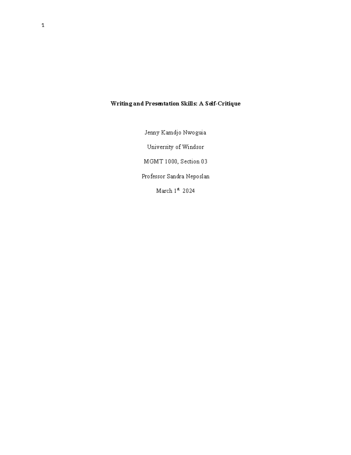 Self-Critique Paper - Writing and Presentation Skills: A Self-Critique ...