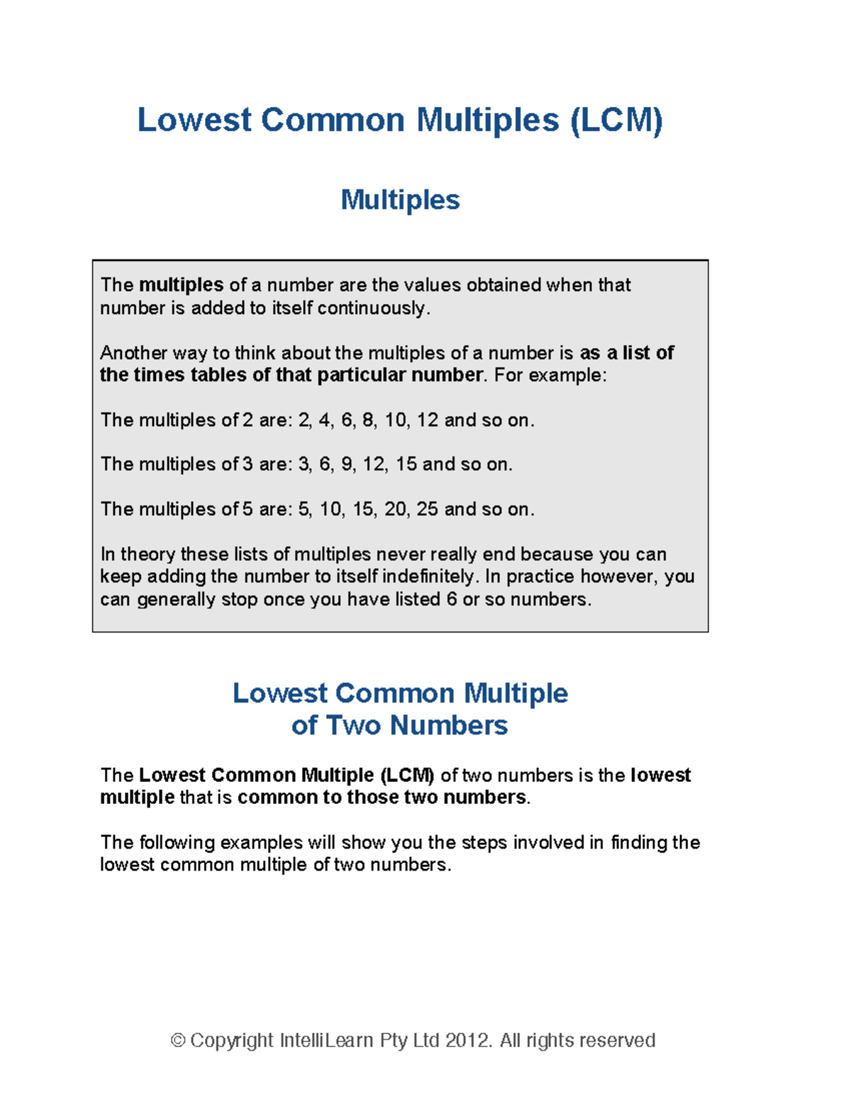 P14-14008 - Med Cal - Lowest Common Multiples (LCM) Multiples The ...