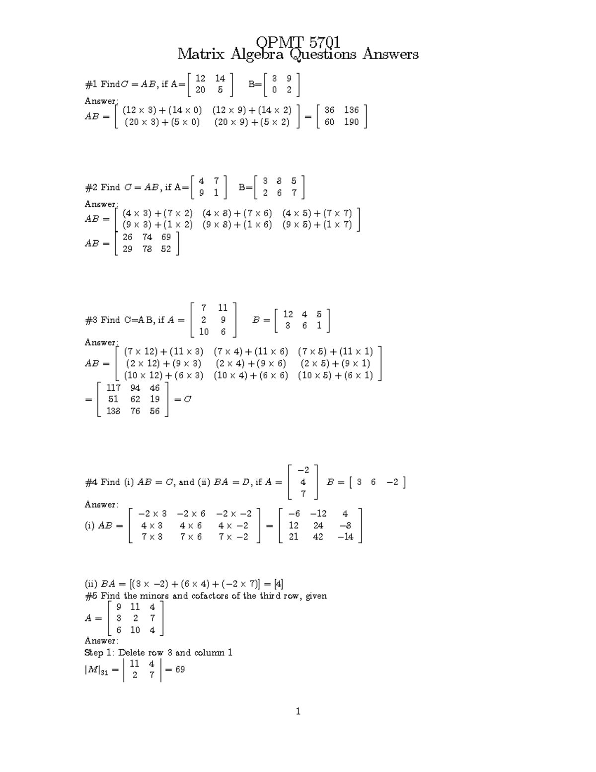 Matrix pratice question - OPMT 5701 Matrix Algebra Questions Answers #1 ...