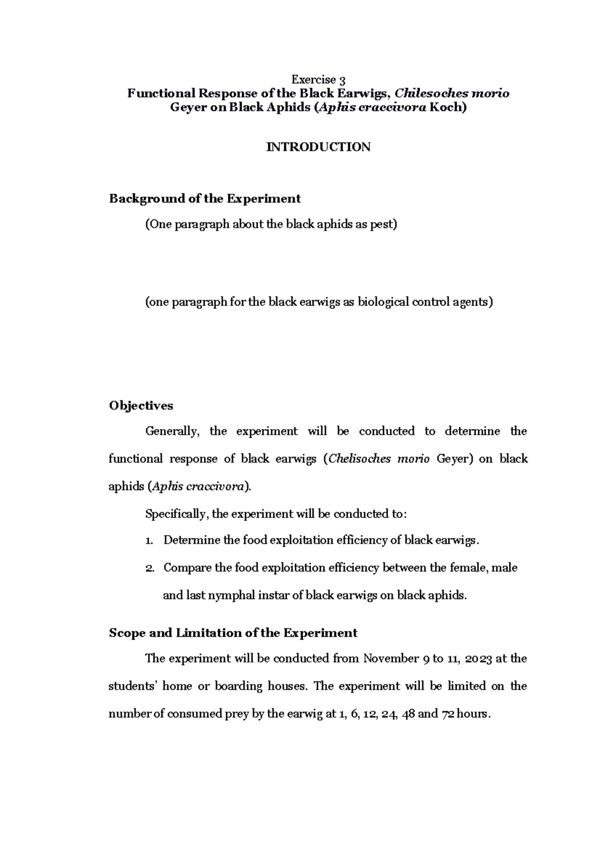 BSA 3B Lab Ex - Summary Donna - Exercise 3 Functional Response of the ...