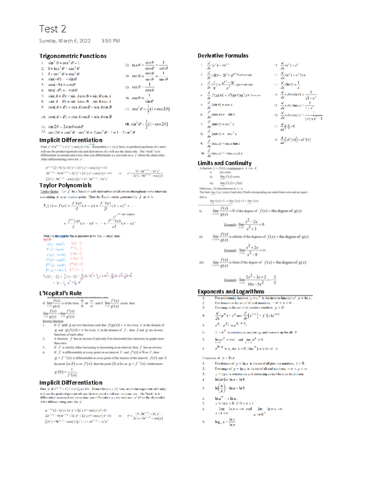 Test 2 Reference Sheet - Trigonometric Functions Implicit ...
