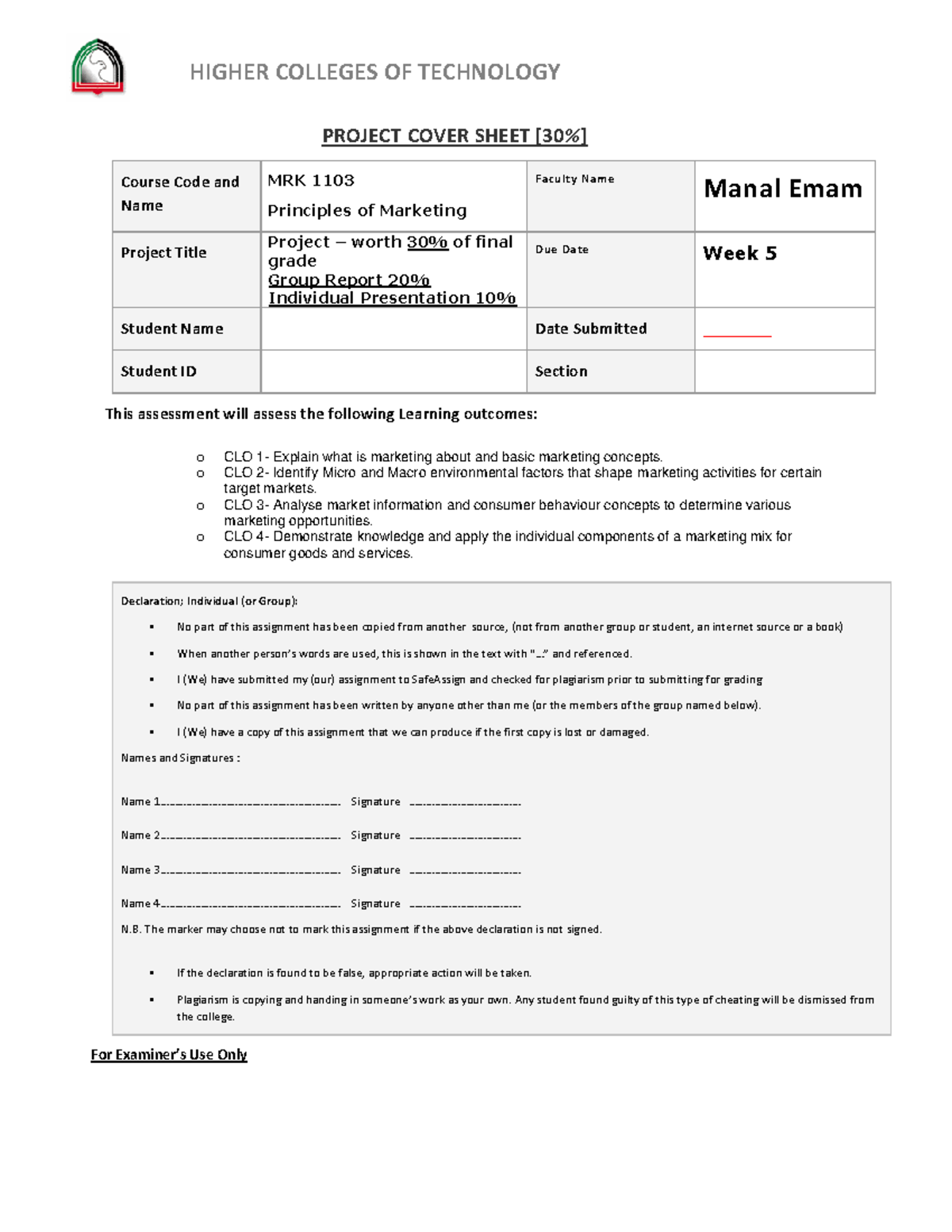 Marketing Project - UAE - HIGHER COLLEGES OF TECHNOLOGY PROJECT COVER ...