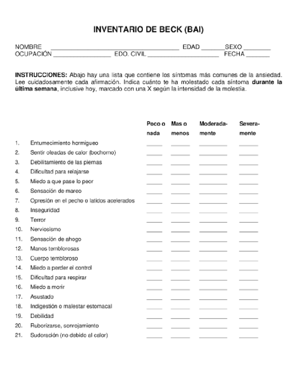 Inventario DE BECK (BAI) - Psicoterapia Individual - Studocu