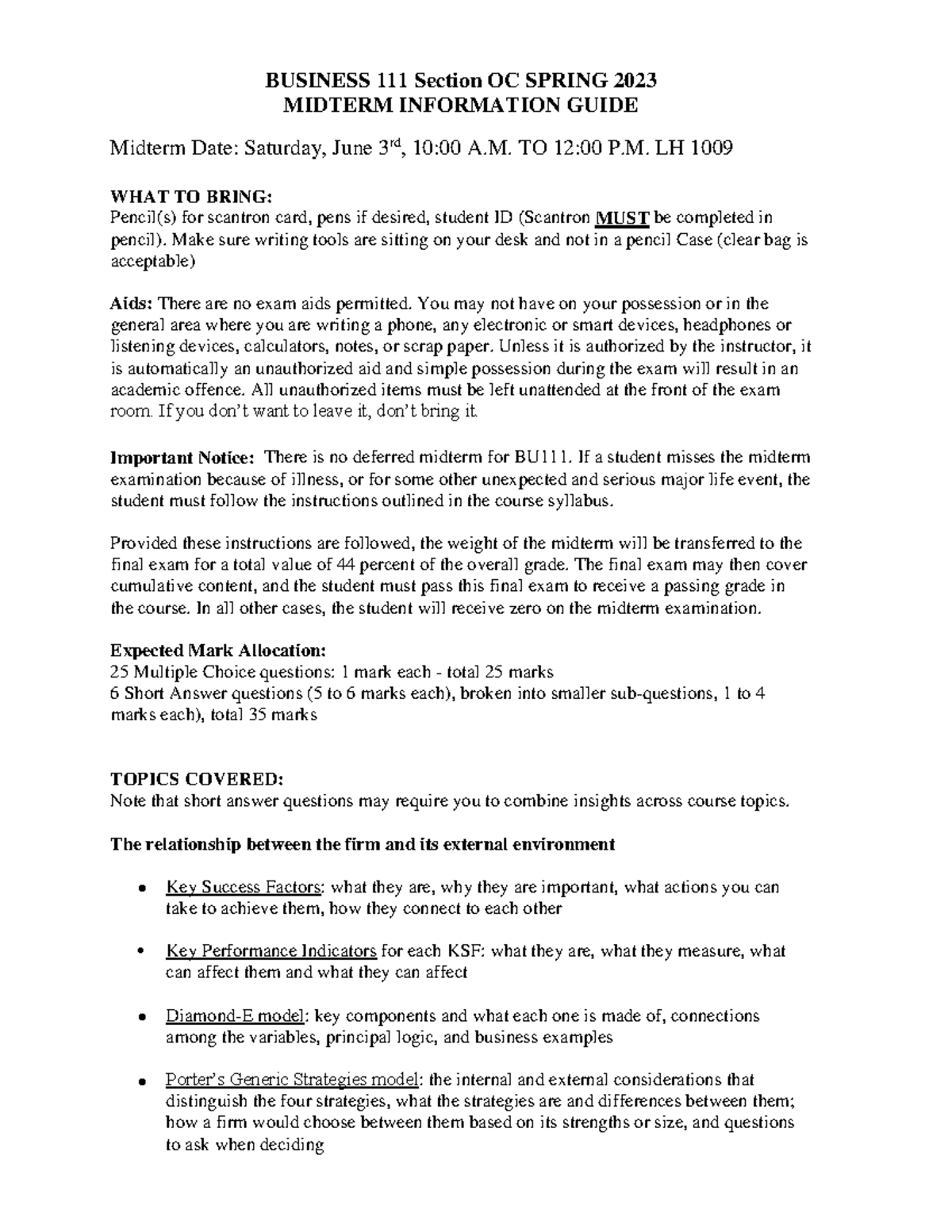 BU111 OC 23S Midterm Review Guide - BUSINESS 111 Section OC SPRING 2023 ...