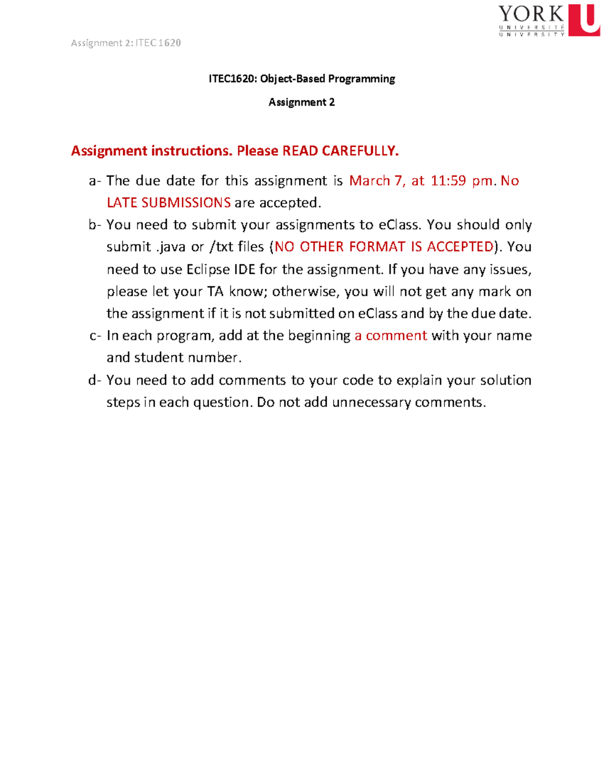 ITEC1620 Assignment - ITEC1620: Object-Based Programming Assignment 2 ...