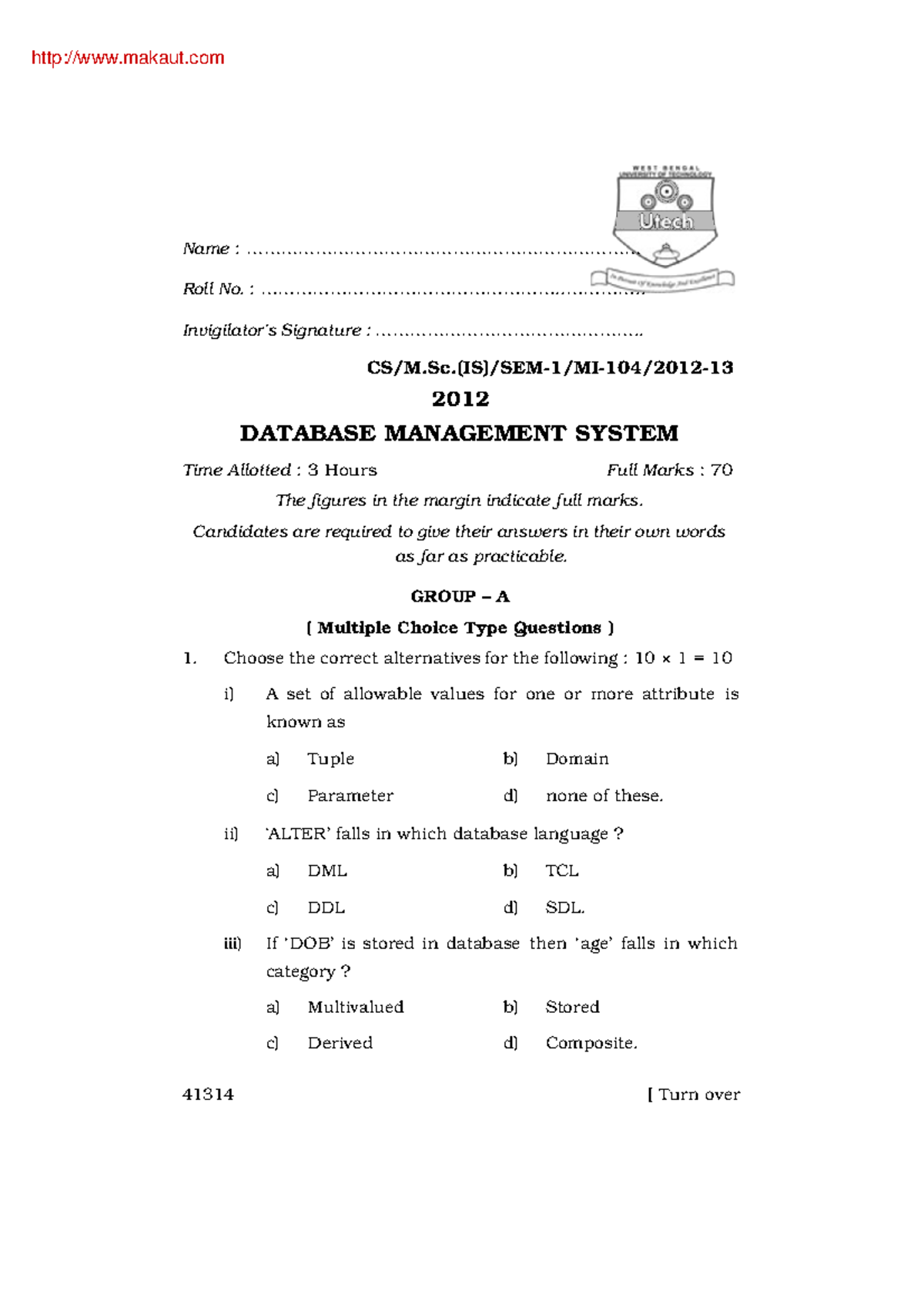 Msc mi 104 database management system v2 2012 - Name : - Studocu