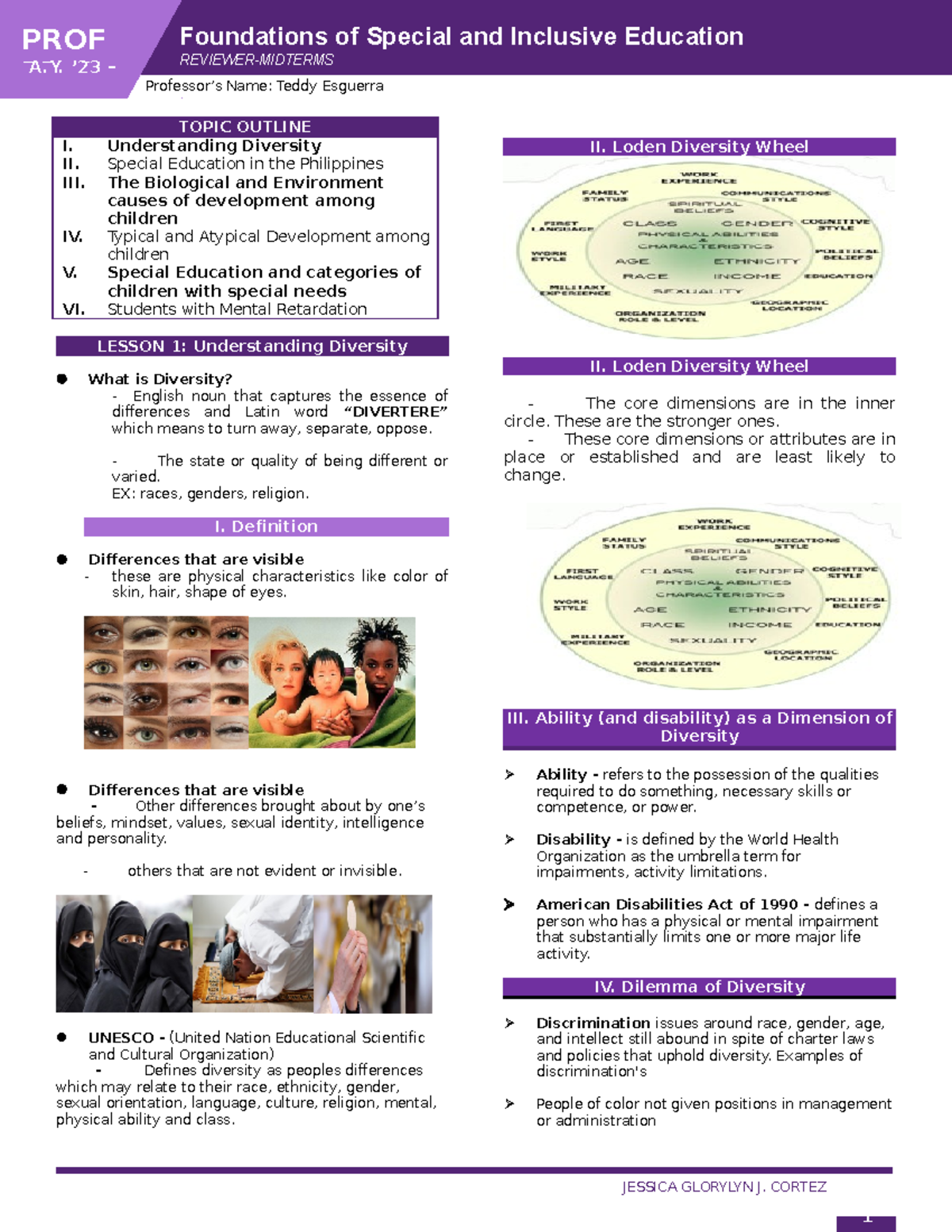 PROF ED 6- Reviewer - Lesson Summary - LESSON 1: Understanding Diversity What is Diversity ...
