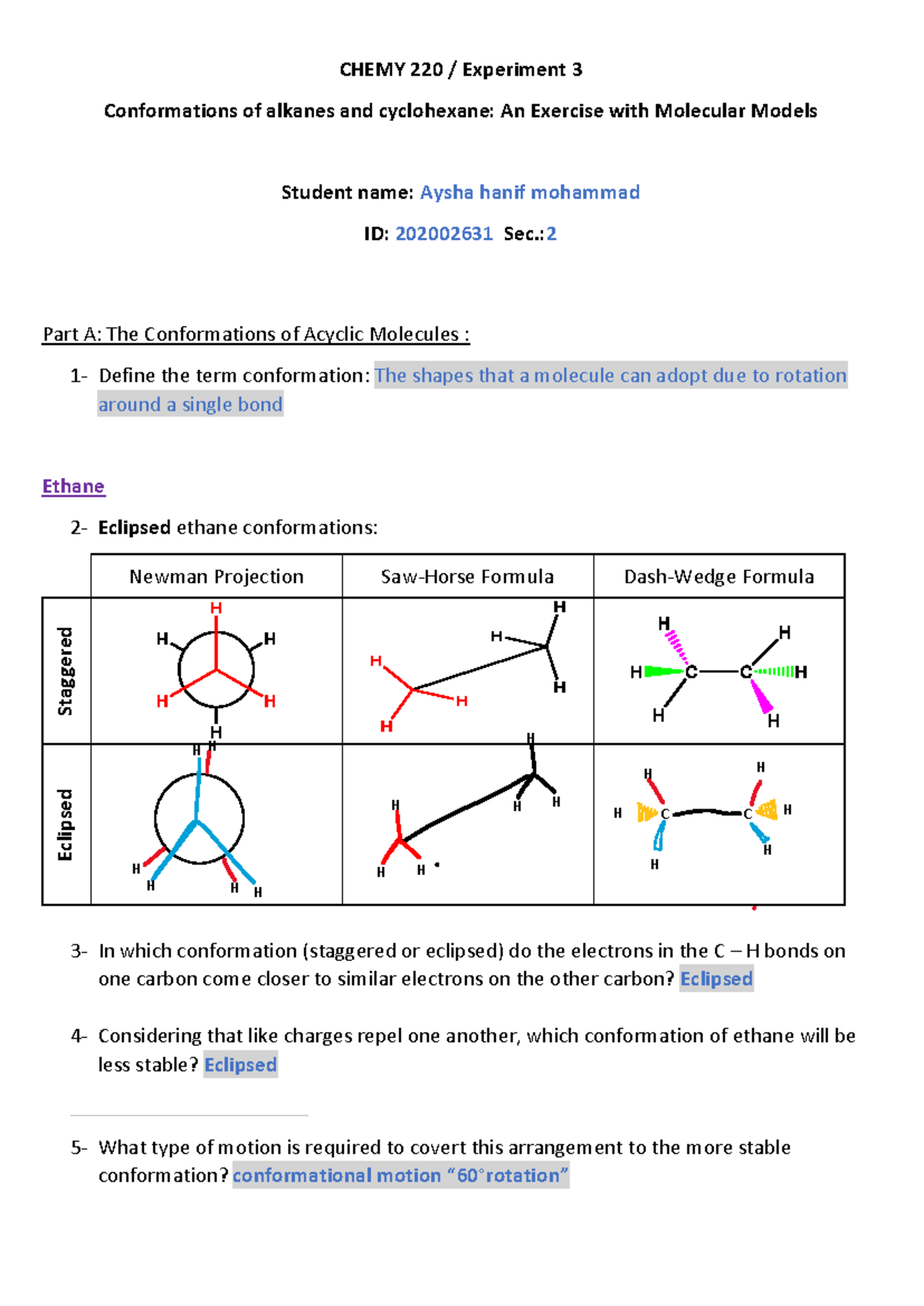 Exp.4 conformation of alkanes and cyclohexane - CHEMY 220 Experiment 3 ...