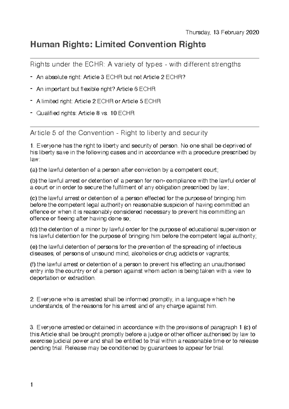 Limited Convention Rights - Thursday, 13 February 2020 Human Rights ...