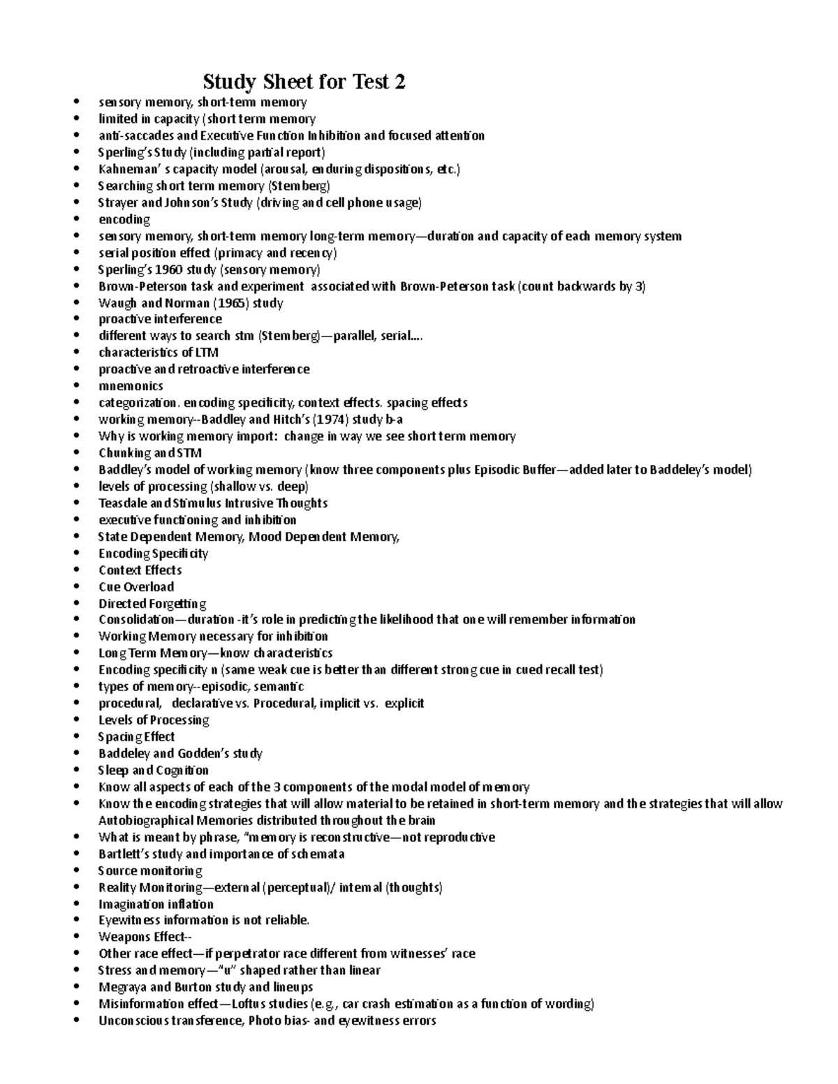 Exam 2 study sheet - notes for exam 2 - Study Sheet for Test 2 sensory ...