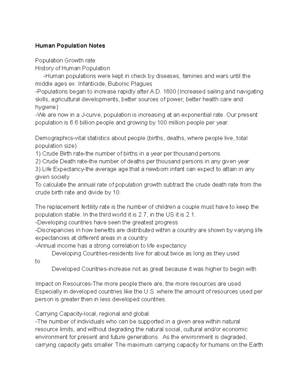 Human Population Notes - Human Population Notes Population Growth rate ...