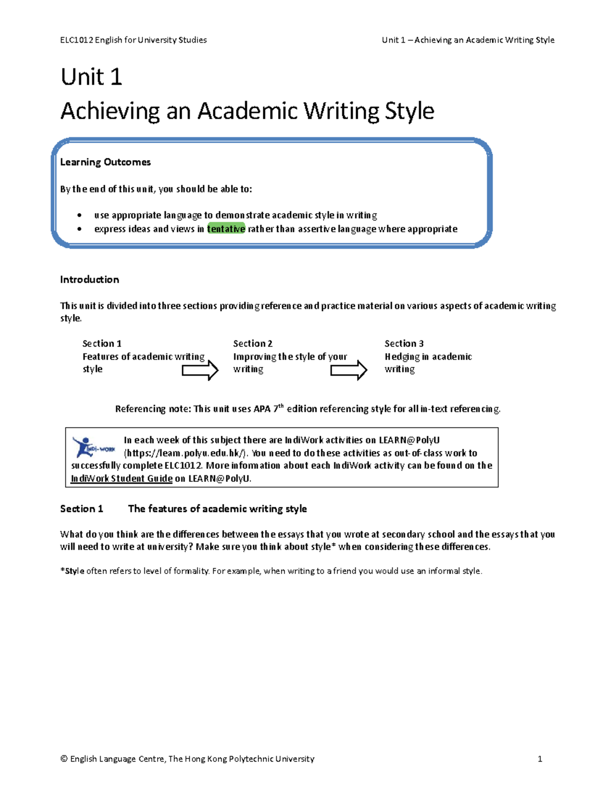 ELC1012 Unit 1 Achieving an Academic Writing Style - Unit 1 Achieving ...