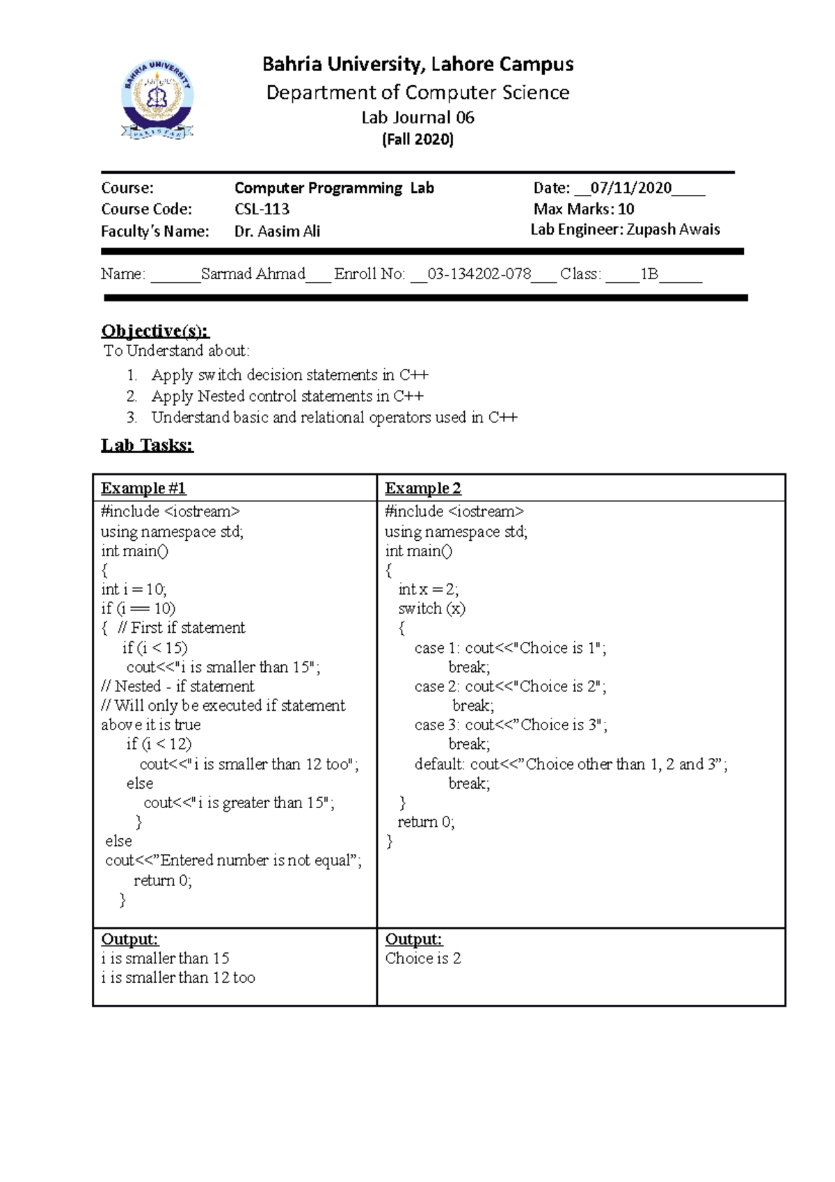 Lab Journal 06 CP 05112020 021827 am - Bahria University, Lahore Campus ...
