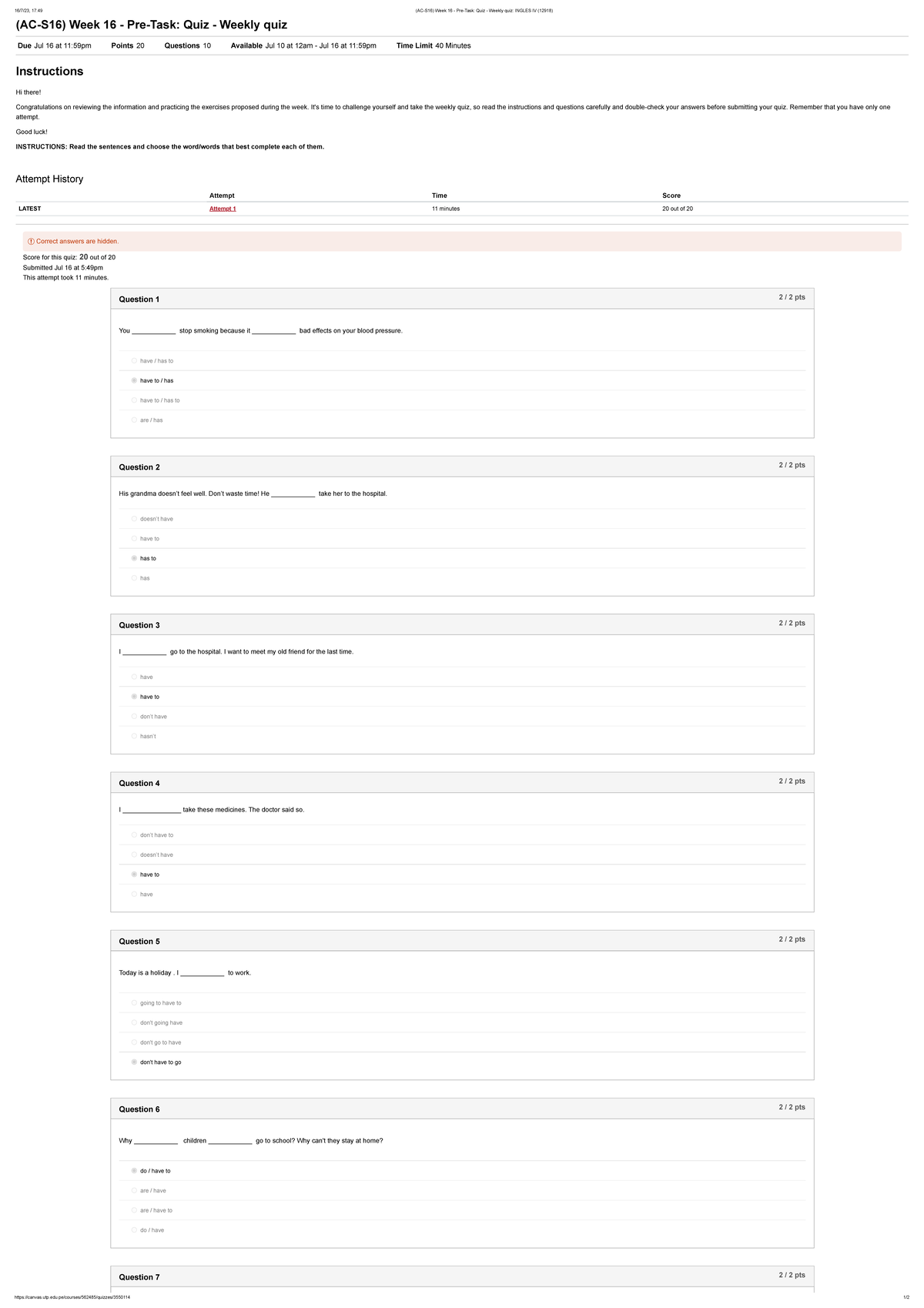 (AC-S16) Week 16 - Pre-Task Quiz - Weekly quiz Ingles IV (12918) - 16/7 ...