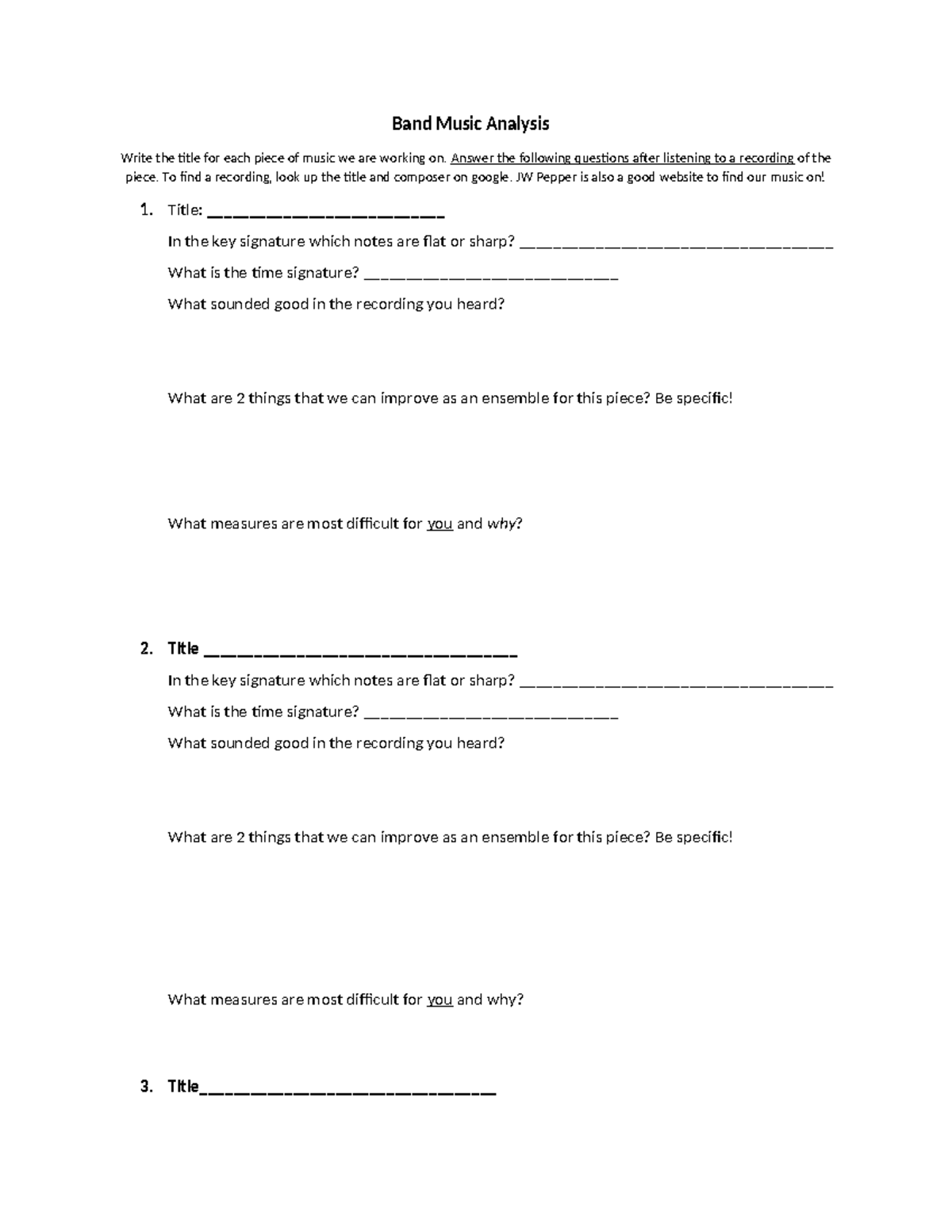 Band Music Analysis Updated - Band Music Analysis Write the title for ...