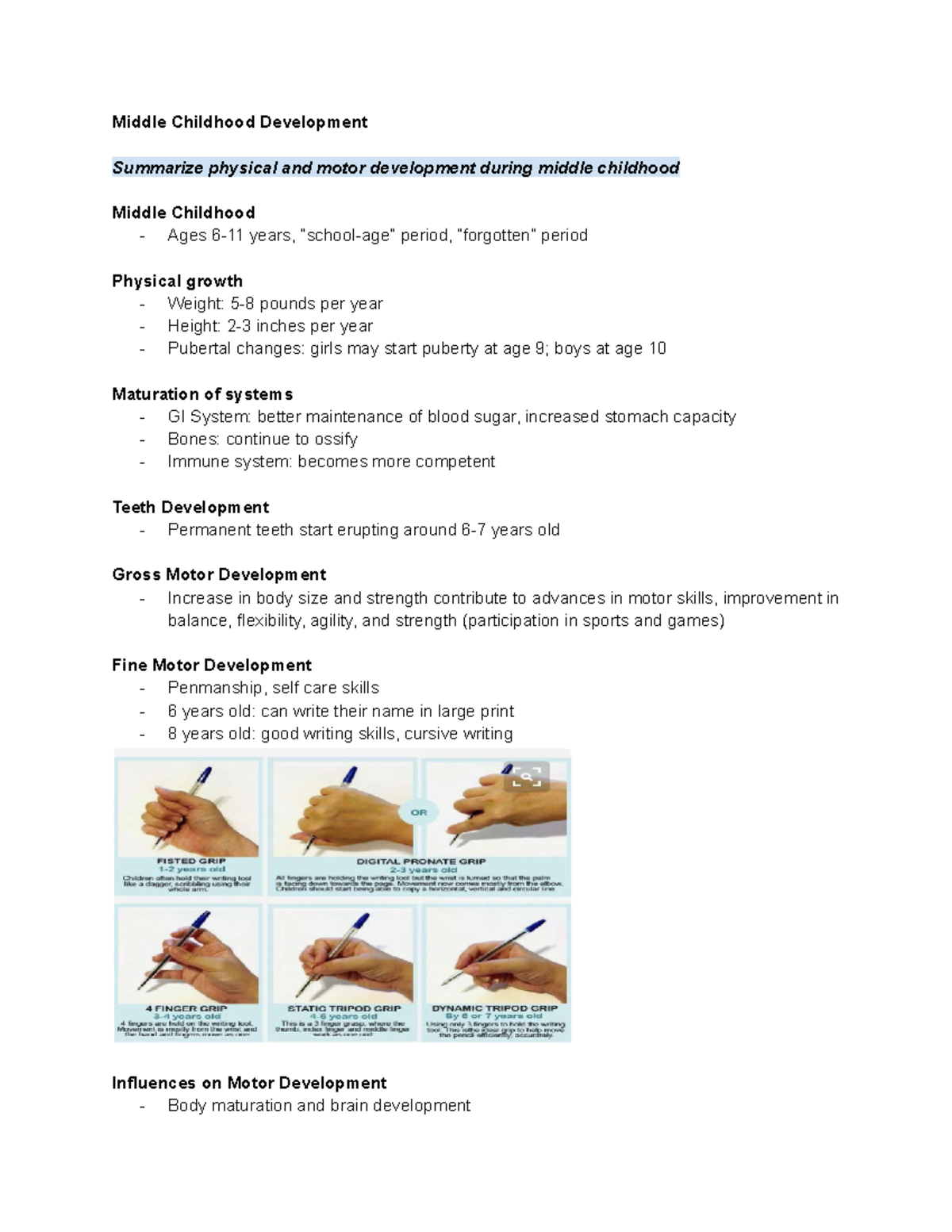 10 31 22 Nursing Notes - Middle Childhood Development Summarize ...