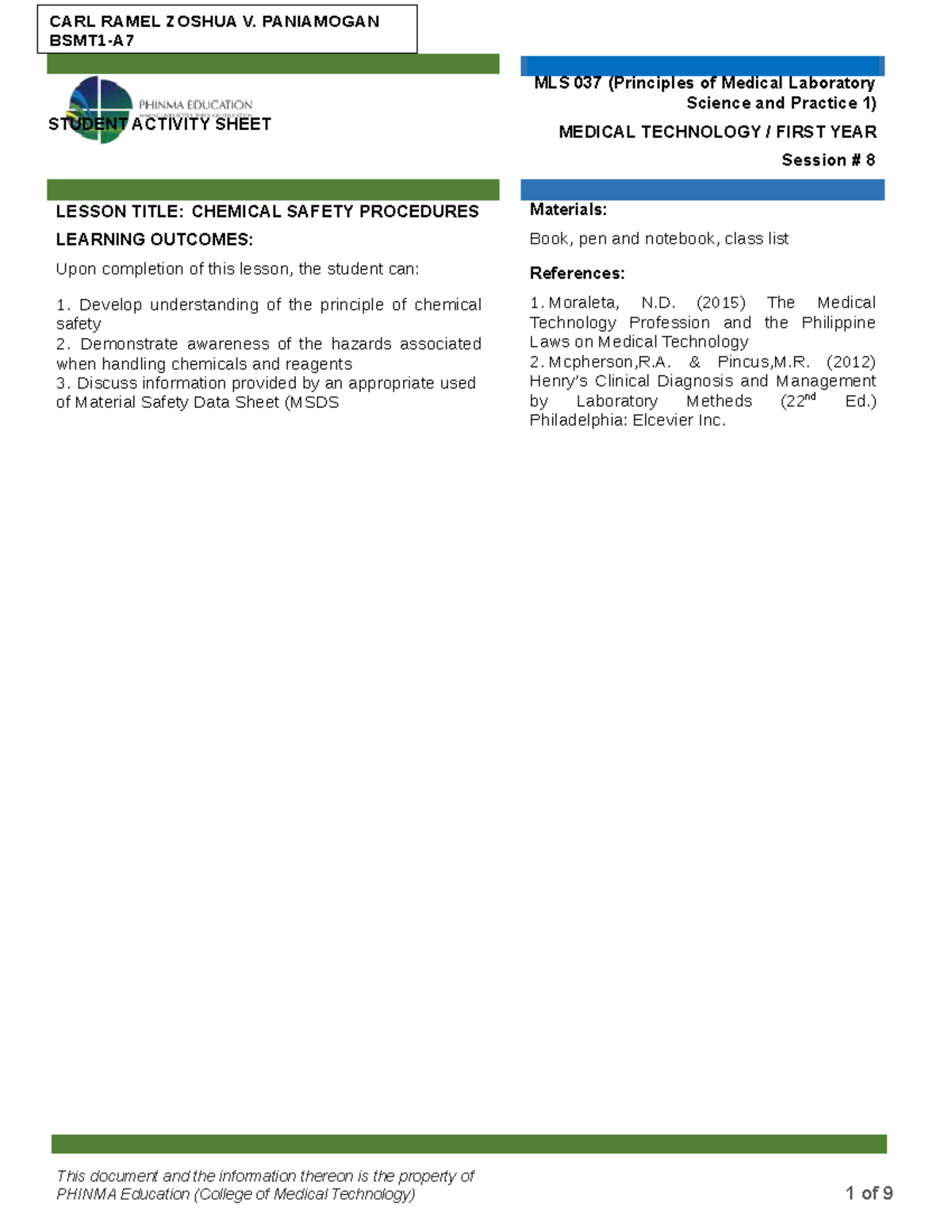 PMLS 1 Module 8 - sdasdasdsa - MLS 037 (Principles of Medical ...
