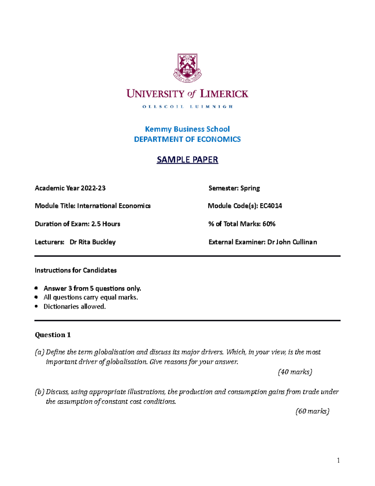 EC4014 Sample Exam Paper - Kemmy Business School DEPARTMENT OF ...