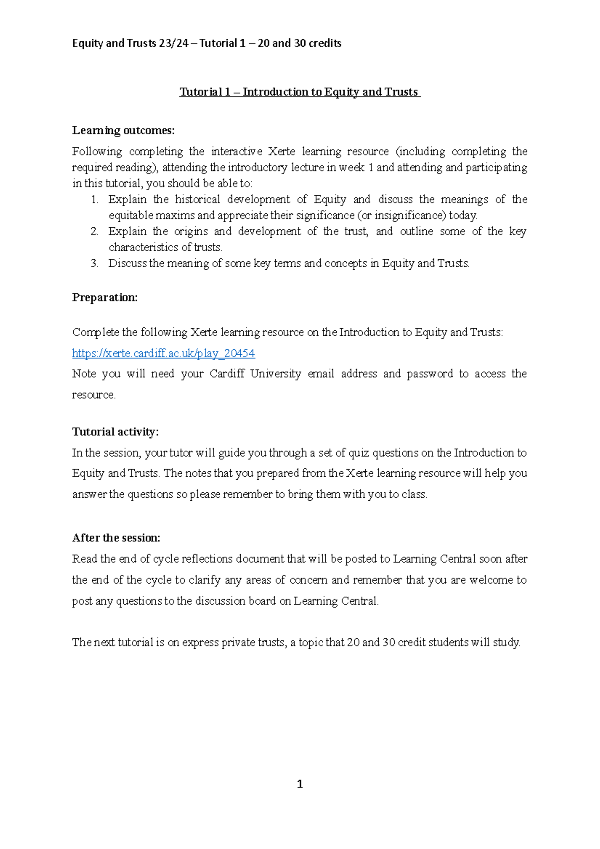 Tutorial 1 - Equity and Trusts - Tutorial 1 – Introduction to Equity and Trusts Learning ...