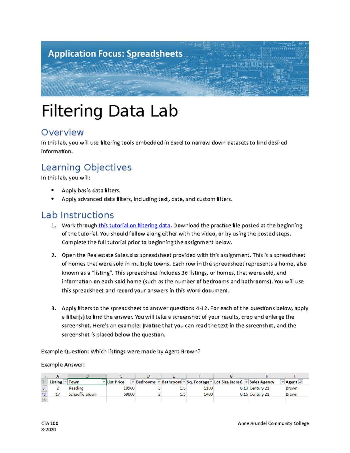 Microsoft Excel Filtering Data Lab Filtering Data Lab Overview In