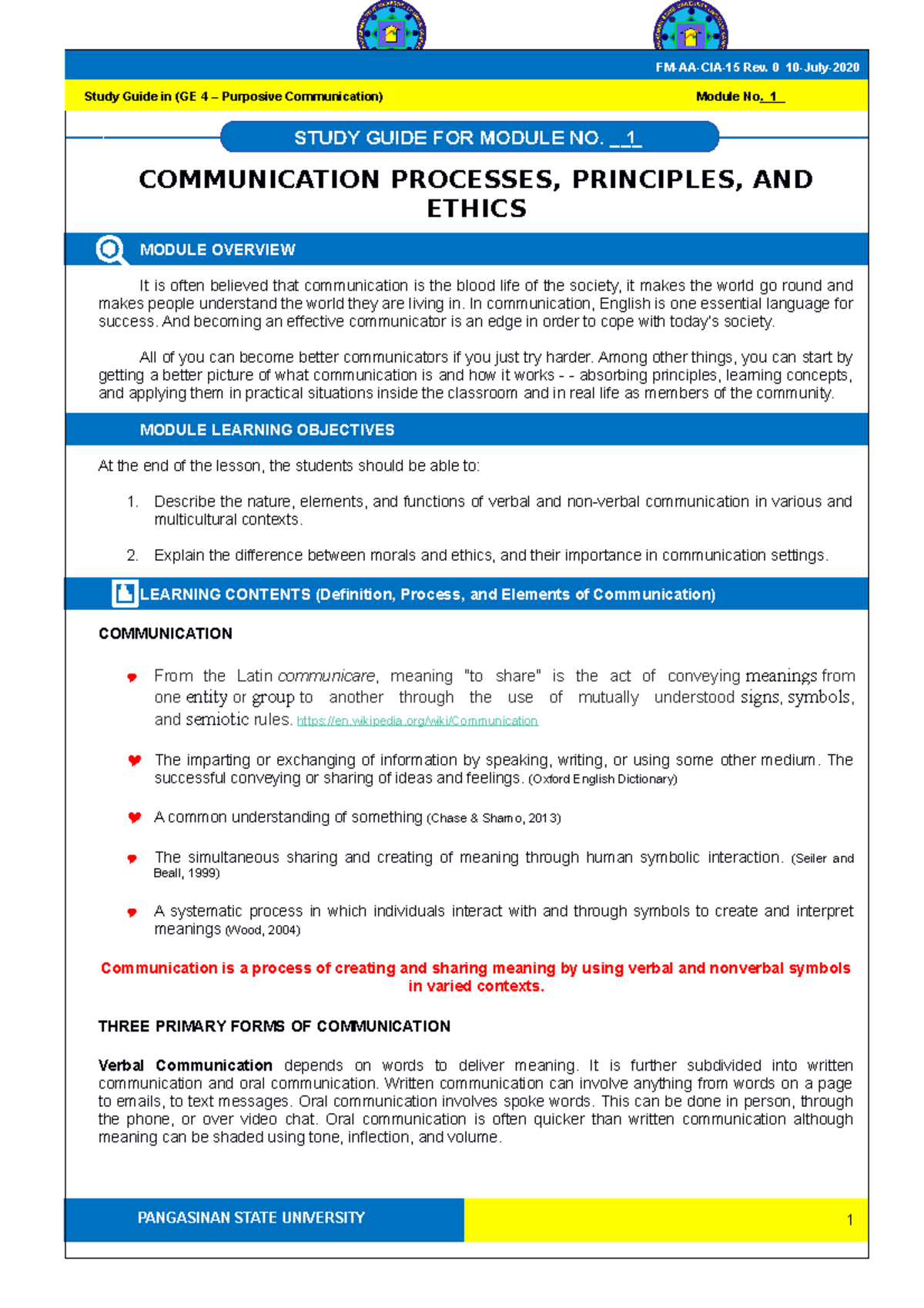 Study- Guide-No - A summary of chapter 1 - PANGASINAN STATE UNIVERSITY Study Guide in (GE 4 ...