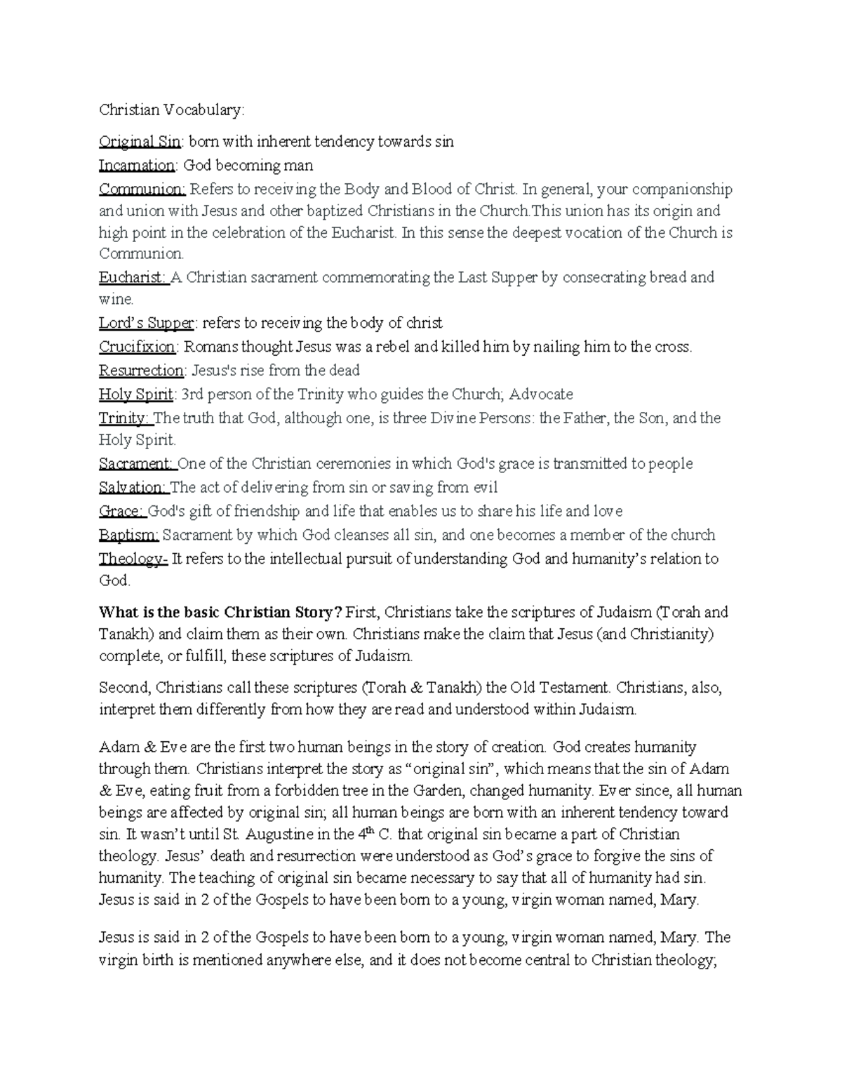 Chistianity Notes - Christian Vocabulary: Original Sin : born with ...